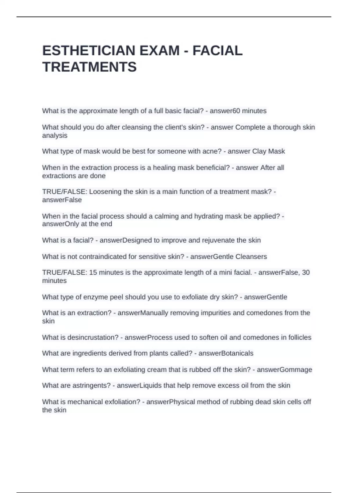 ESTHETICIAN EXAM - FACIAL TREATMENTS QUESTIONS AND ANSWERS 100% CORRECT ...