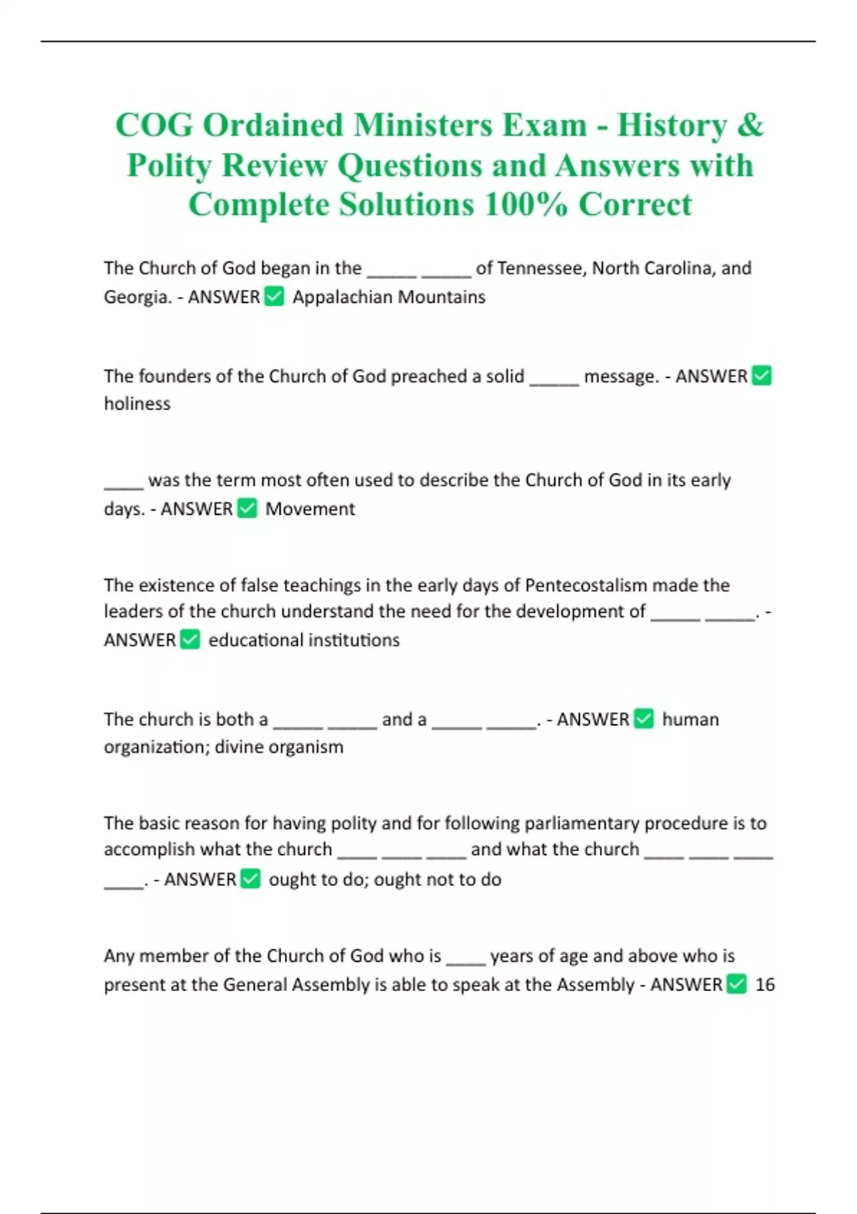 COG Ordained Ministers Exam - History & Polity Review Questions and ...