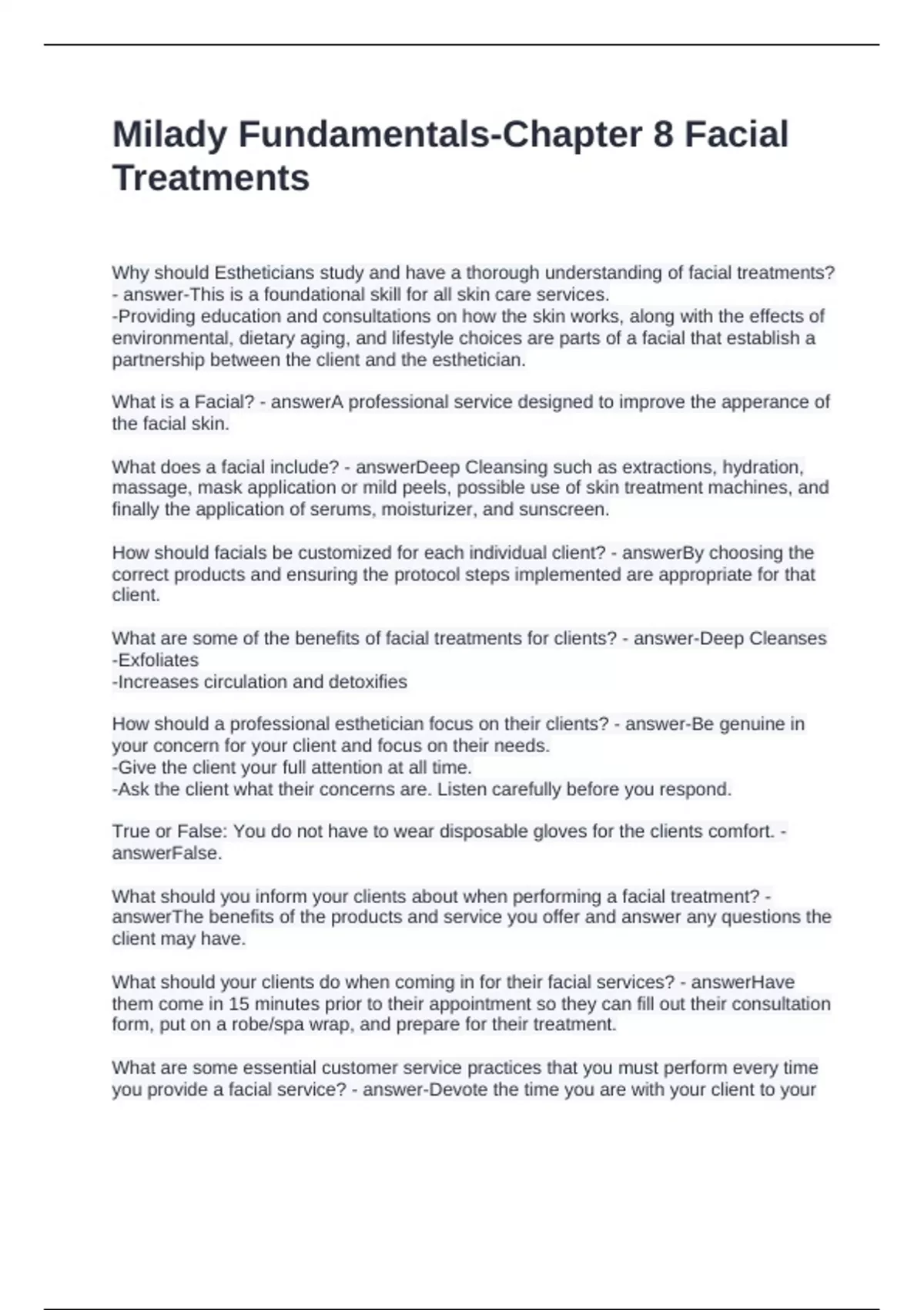 Milady Fundamentals-Chapter 8 Facial Treatments Questions and Answers ...