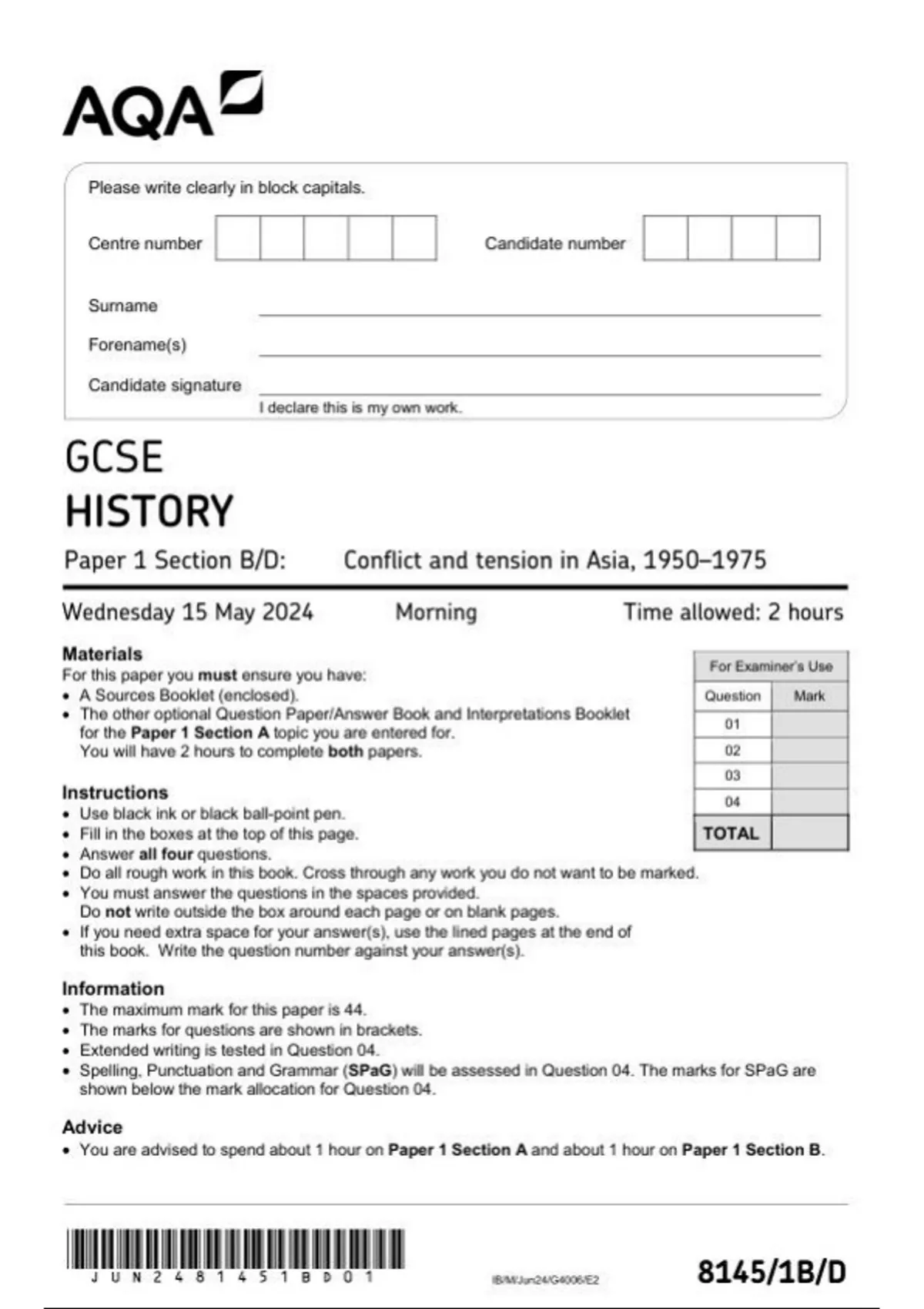 AQA GCSE HISTORY Paper 1 Section B/D: Conflict and tension in Asia ...
