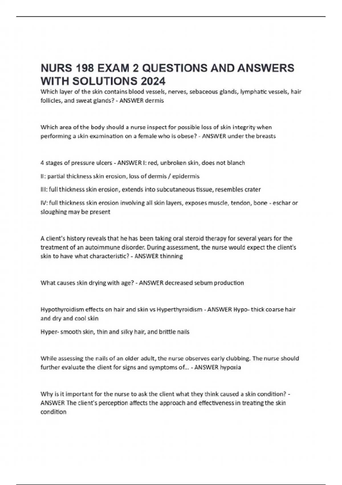 NURS 198 EXAM 2 QUESTIONS AND ANSWERS WITH SOLUTIONS 2024 - NUR 298 ...