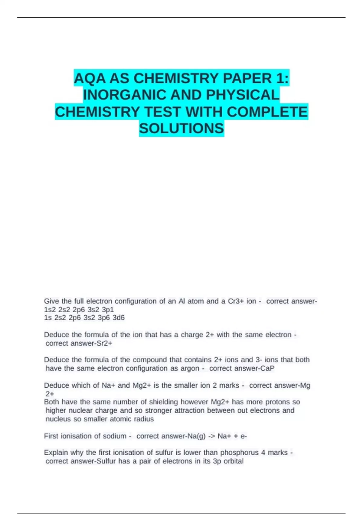 AQA AS CHEMISTRY PAPER 1 INORGANIC AND PHYSICAL CHEMISTRY TEST WITH ...