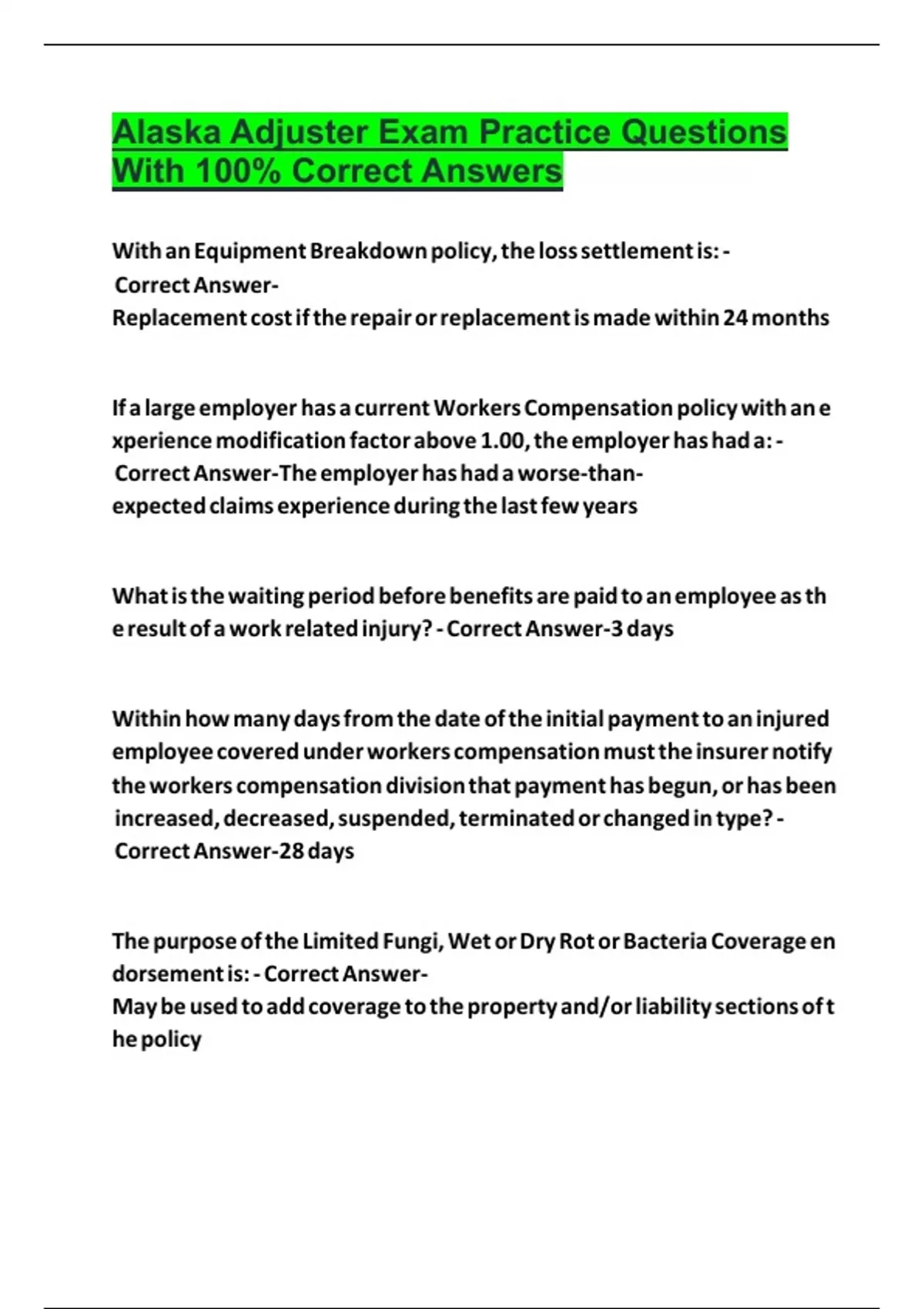 Alaska Adjuster Exam Practice Questions With 100% Correct Answers 2024 ...