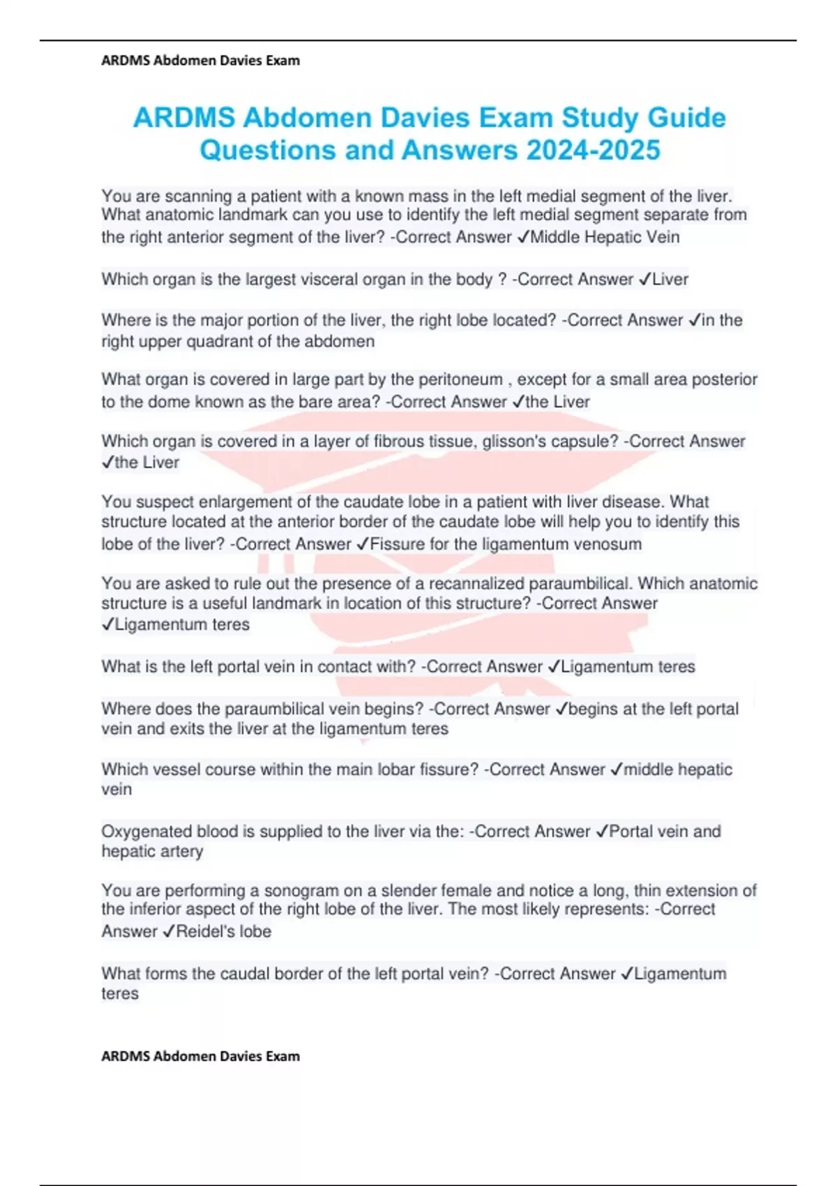 ARDMS Abdomen Davies Exam Study Guide Questions and Answers - ARDMS . - Stuvia US