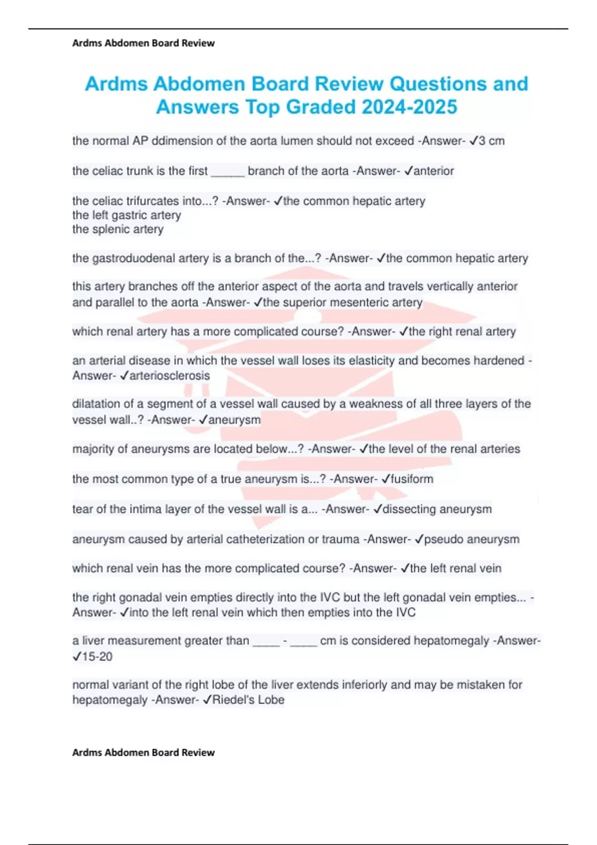 Ardms Abdomen Board Review Questions and Answers Top Graded - Ardms ...