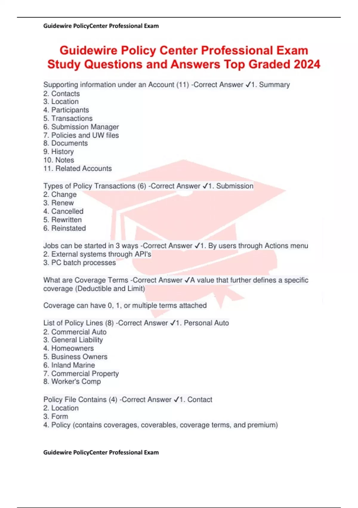 Guidewire Policy Center Professional Exam Study Questions and Answers ...