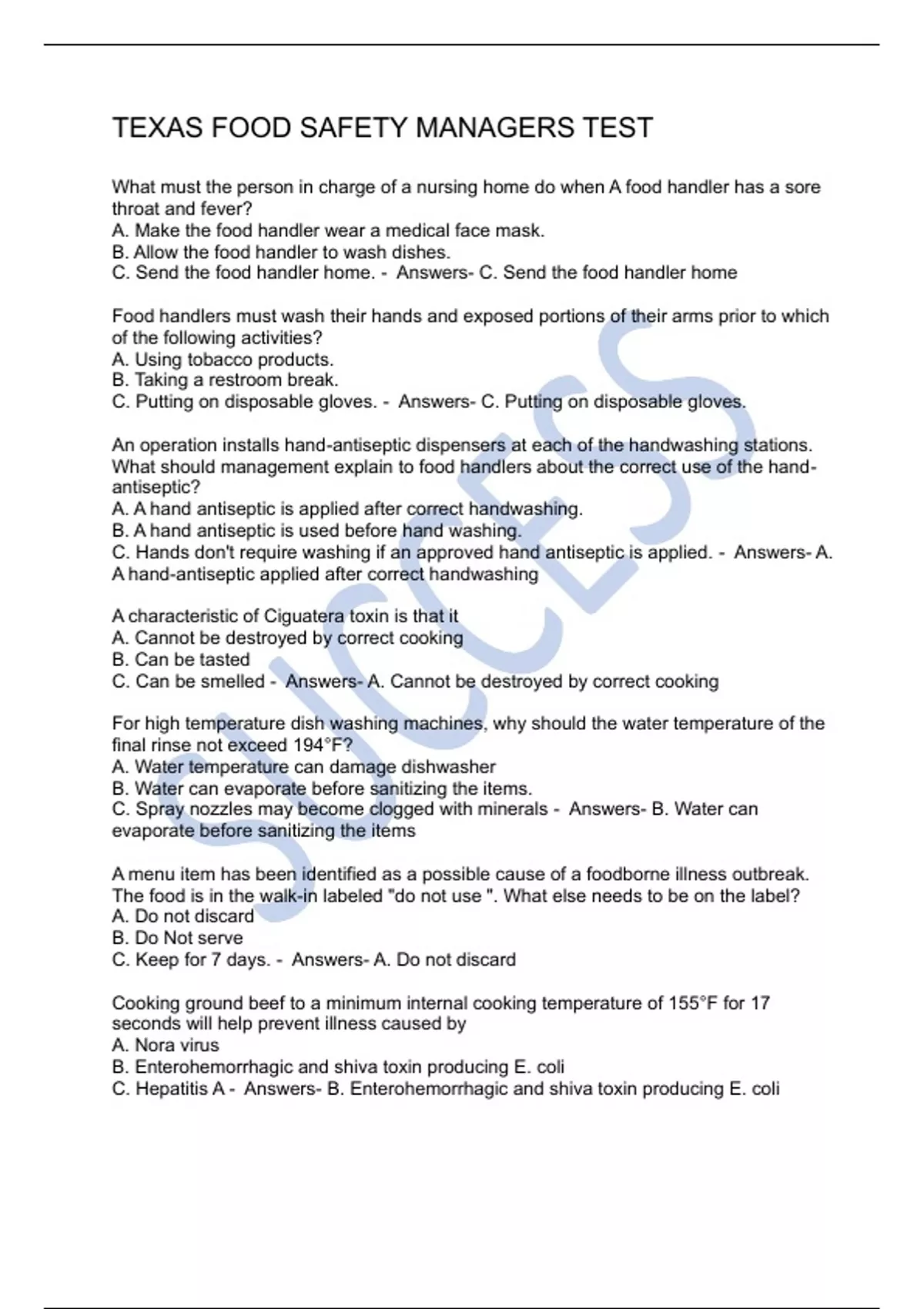 TEXAS FOOD SAFETY MANAGERS TEST - Texas food manager certification ...