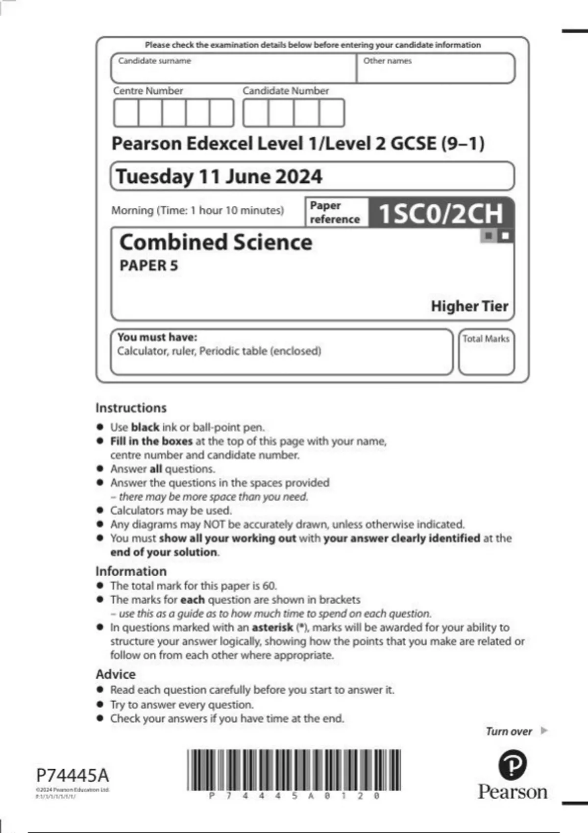 Pearson Edexcel Level 1/Level 2 GCSE (9–1) Combined Science PAPER 5 ...