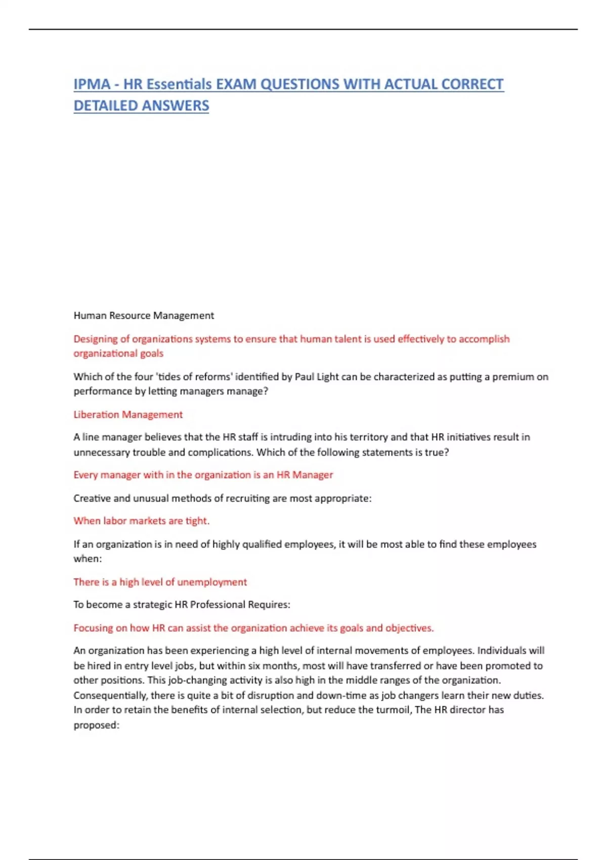 IPMA - HR Essentials EXAM QUESTIONS WITH ACTUAL CORRECT DETAILED ANSWERS - IPMA - HR Essentials ...