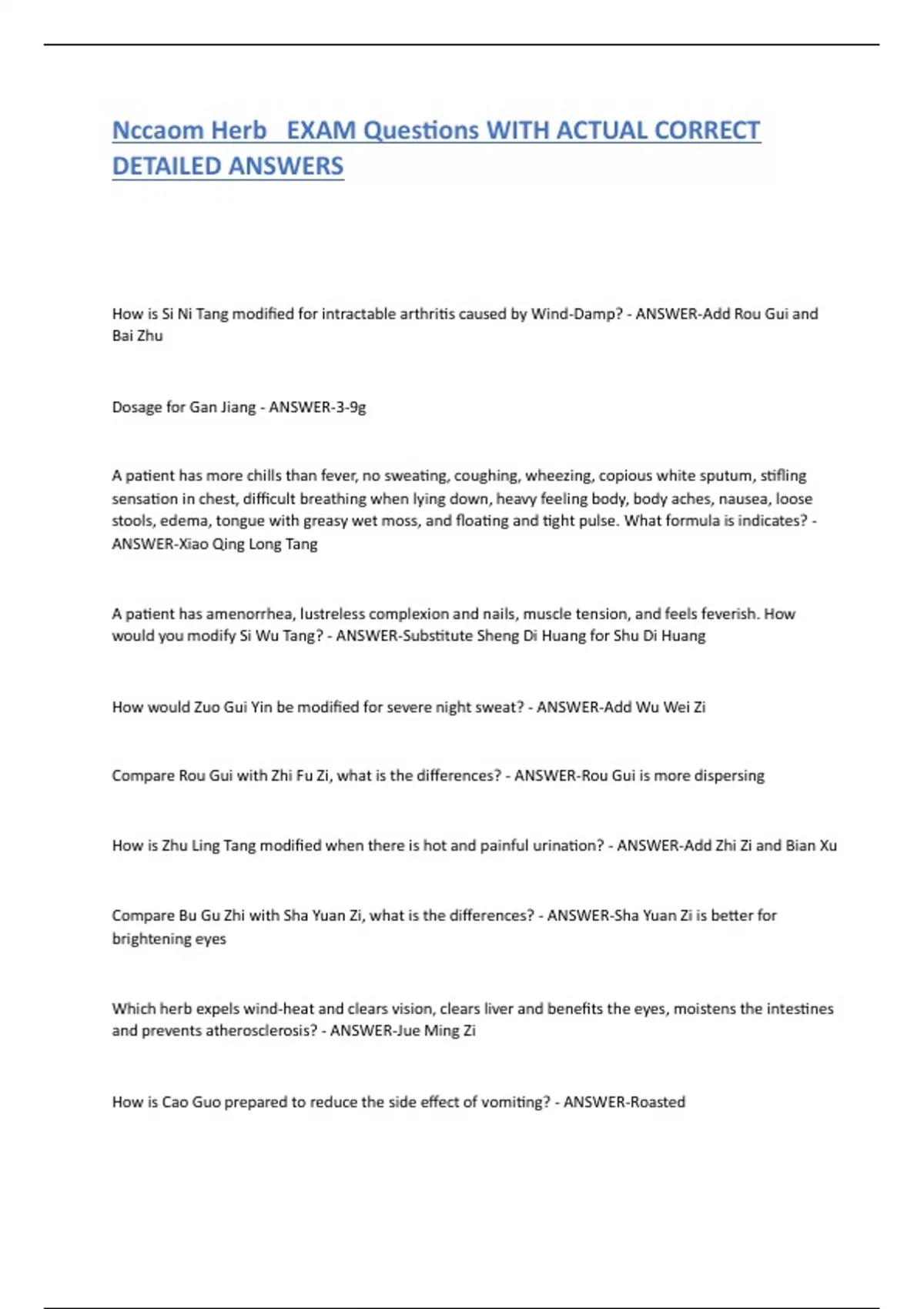 Nccaom Herb EXAM Questions WITH ACTUAL CORRECT DETAILED ANSWERS ...