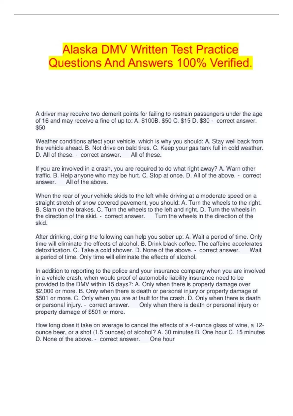 Alaska DMV Written Test Practice Questions And Answers 100% Verified ...