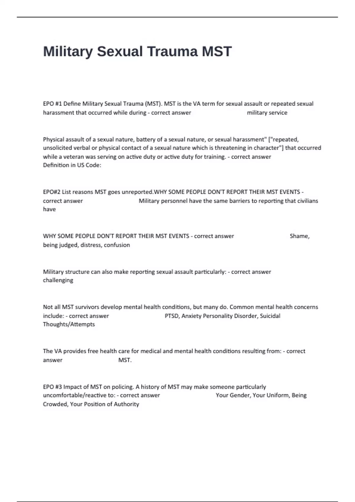 Military Sexual Trauma MST Certification Review Exam Questions Answers ...