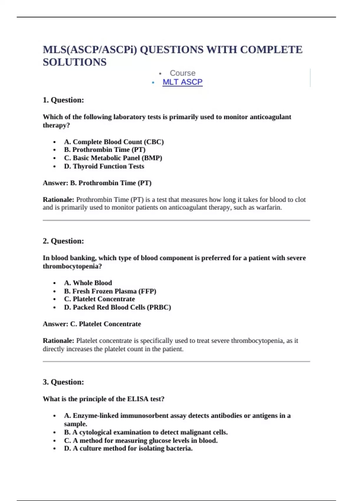 MLS(ASCP/ASCPi) QUESTIONS WITH COMPLETE SOLUTIONS - MLS - Stuvia US
