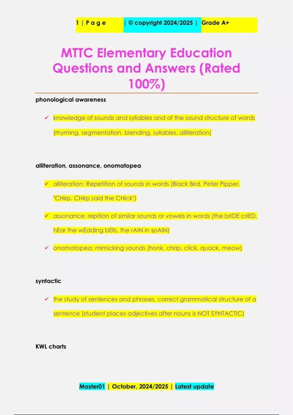 MTTC Elementary Education Questions and Answers (Rated 100%) - MTTC ...