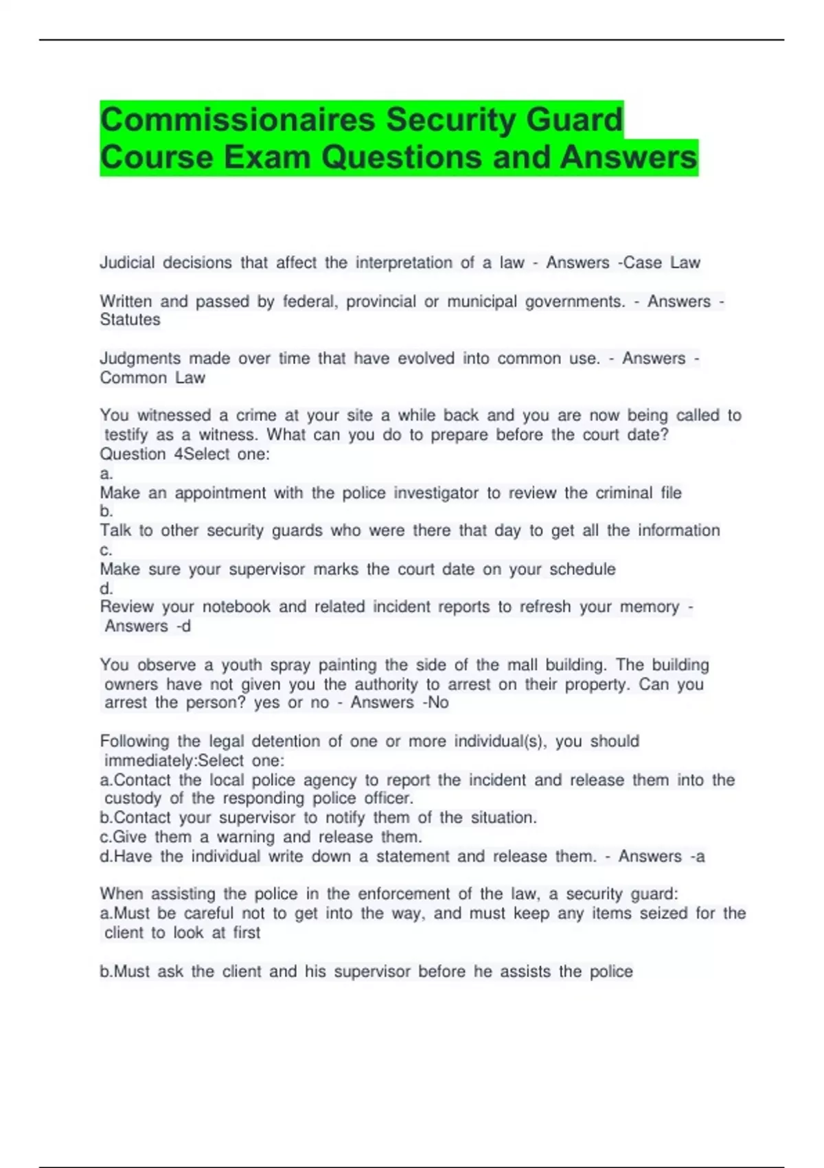 Commissionaires Security Guard Course Exam Questions and Answers ...