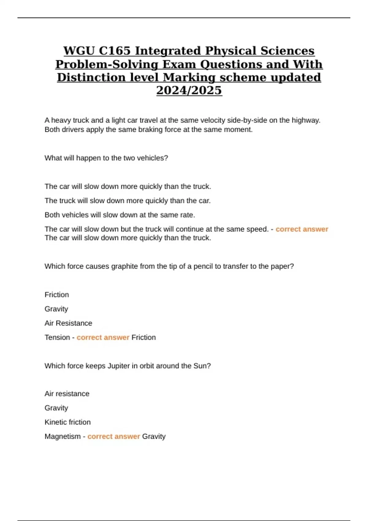 WGU C165 Integrated Physical Sciences Problem-Solving Exam Questions and With Distinction level ...