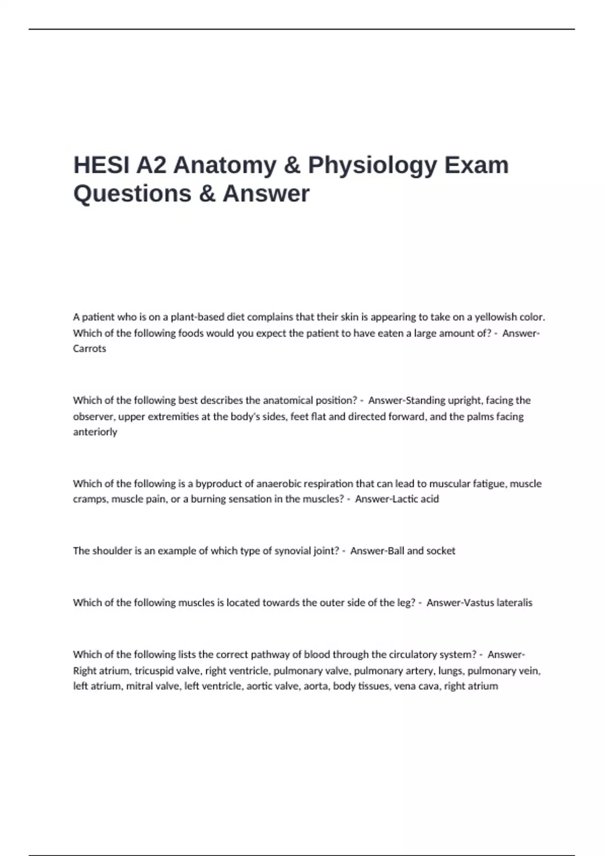 HESI A2 Anatomy Exam Questions and Answers - HESI anatomy and ...