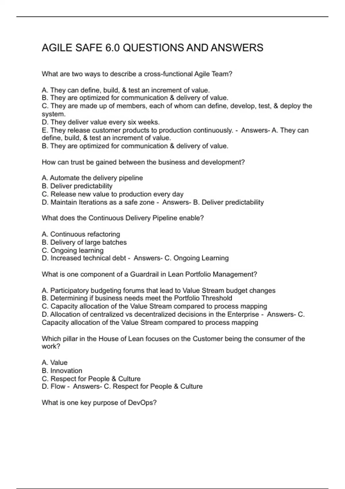 AGILE SAFE 6.0 QUESTIONS AND ANSWERS - AGILE SAFE APM - Stuvia US