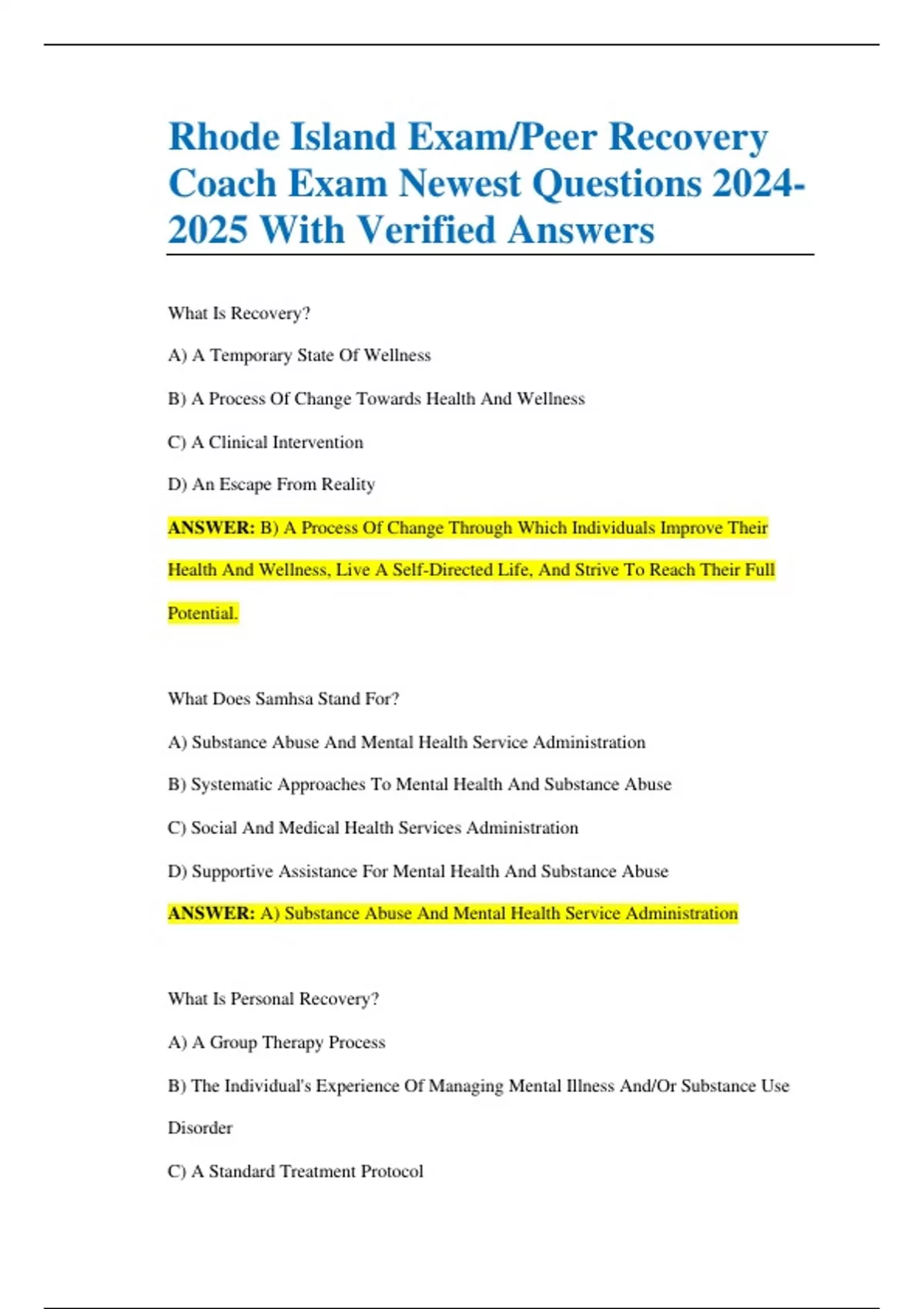 Rhode Island Exam/Peer Recovery Coach Exam Newest Questions With ...