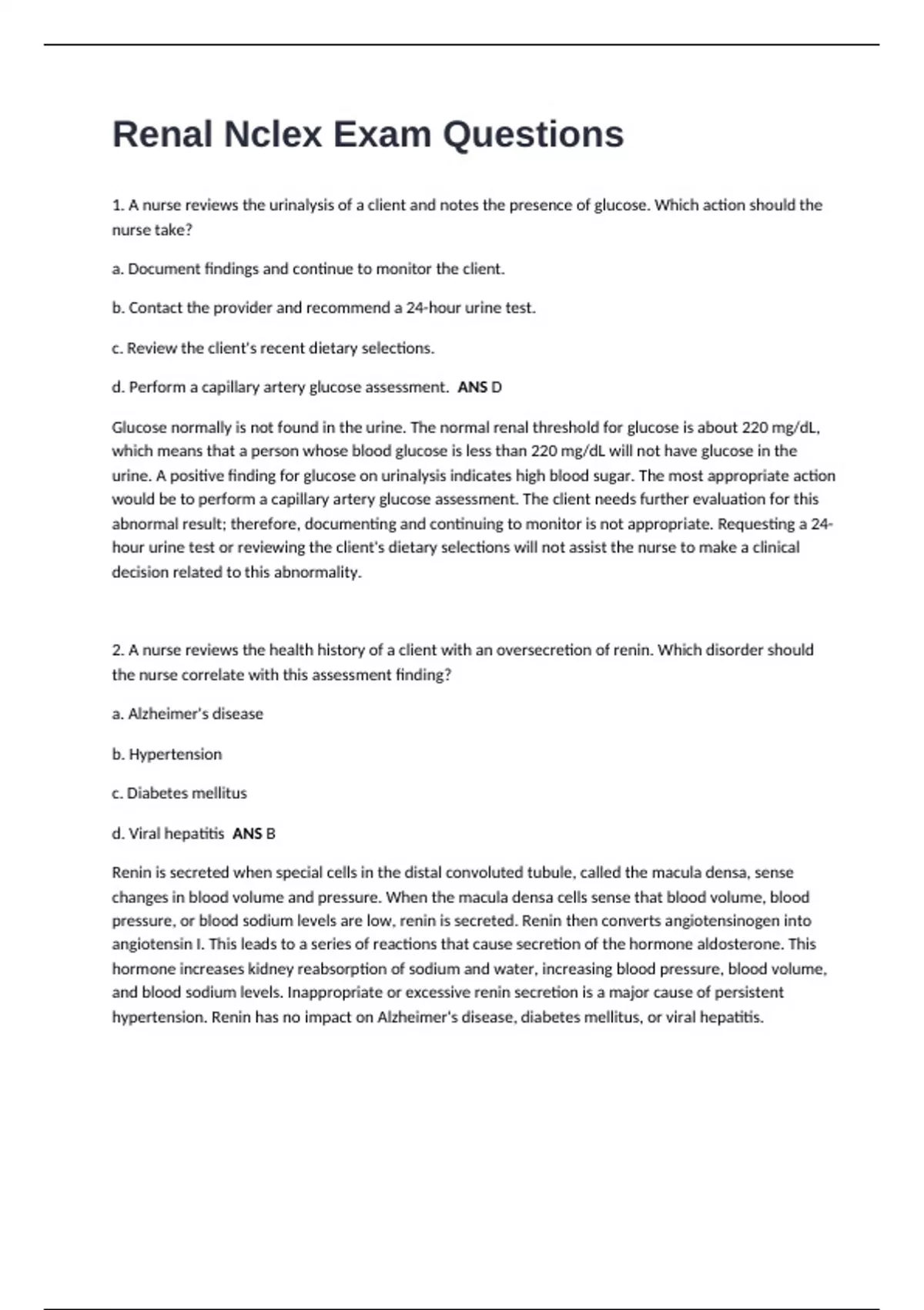 Renal Nclex Exam Questions 2024/2025 - Renal Nclex - Stuvia US
