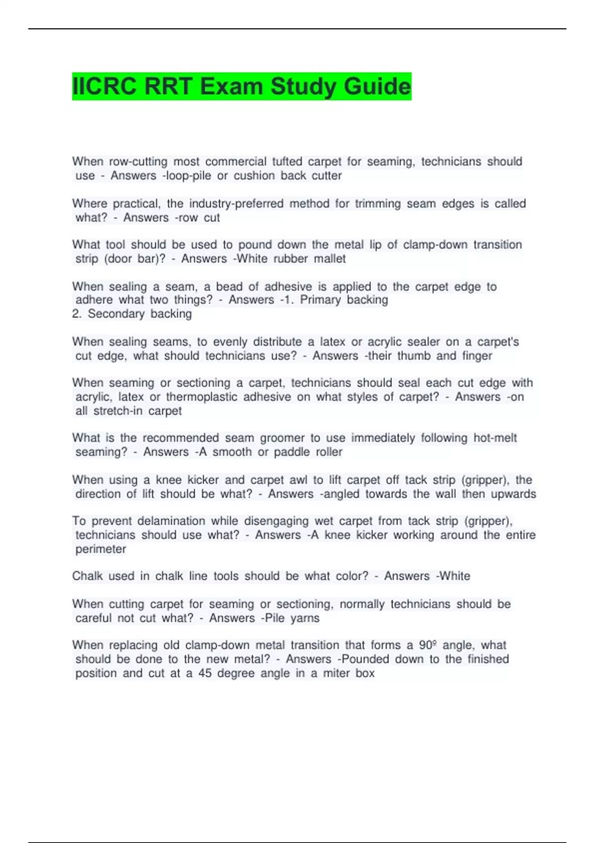 IICRC RRT Exam Study Guide with complete solutions - UFT IICRC - Stuvia US
