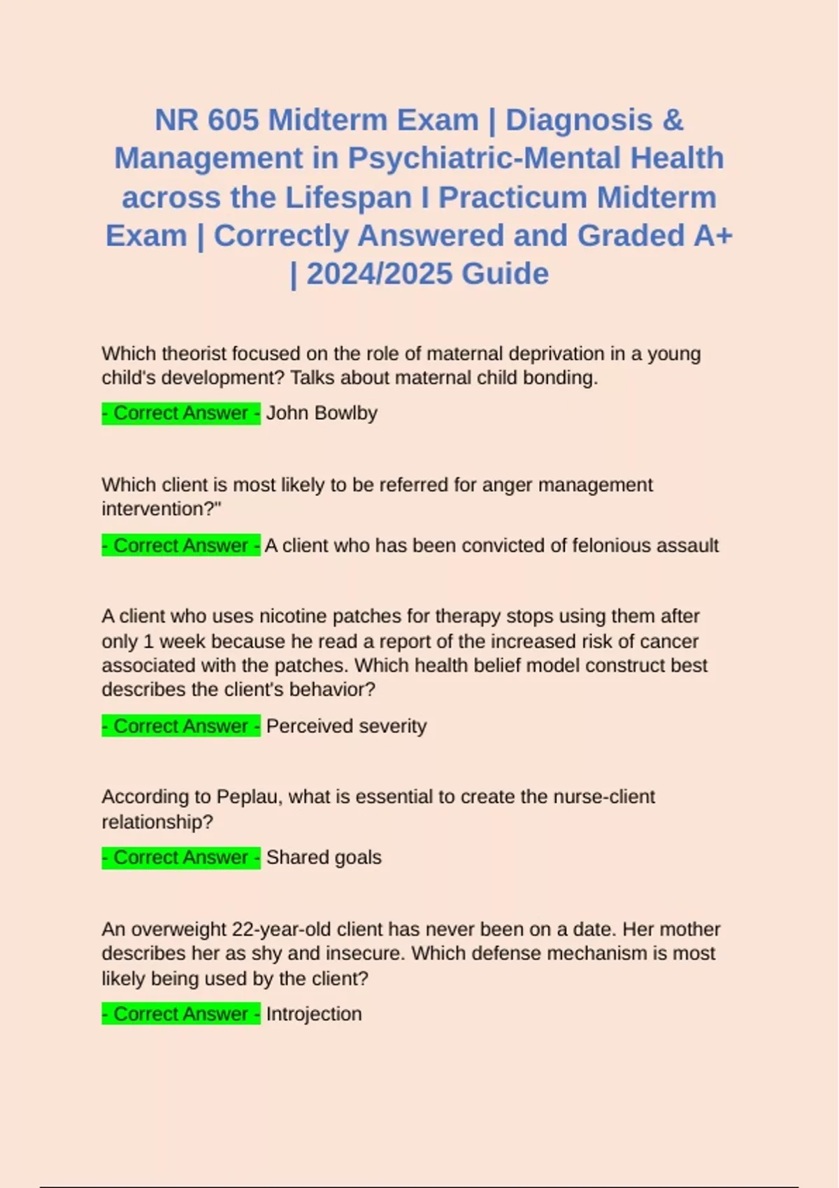 NR 605 Midterm Exam | Diagnosis & Management in Psychiatric-Mental Health across the Lifespan I ...