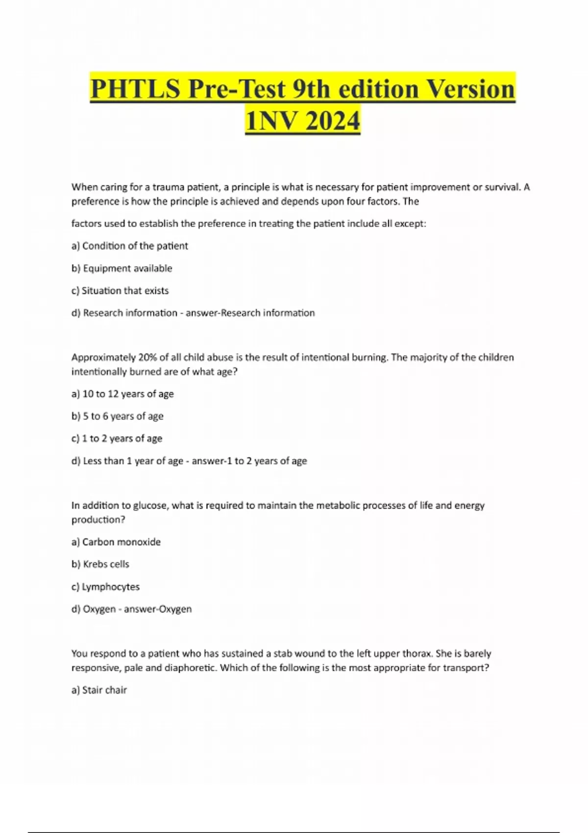 PHTLS Pre-Test 9th edition Version 1NV 2024 - PHTLS - Stuvia US