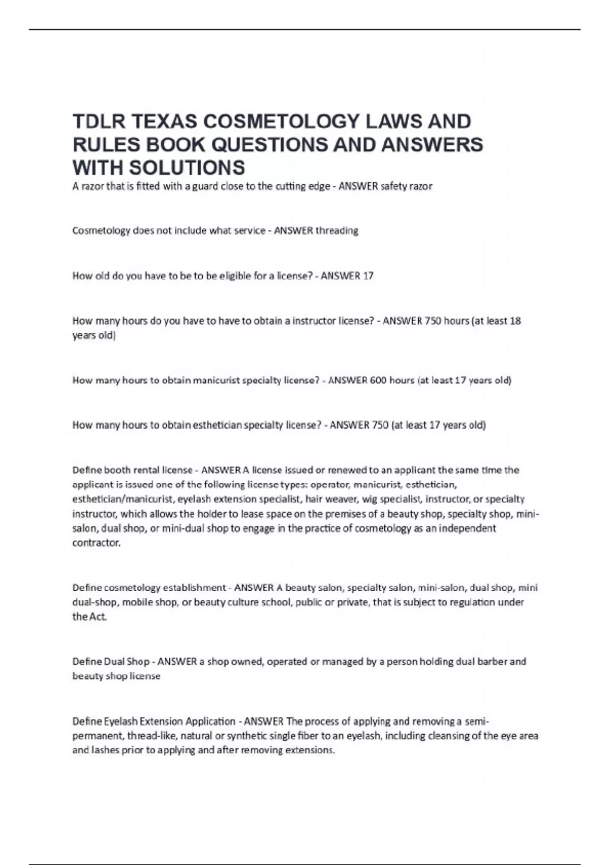 TDLR TEXAS COSMETOLOGY LAWS AND RULES BOOK QUESTIONS AND ANSWERS WITH ...