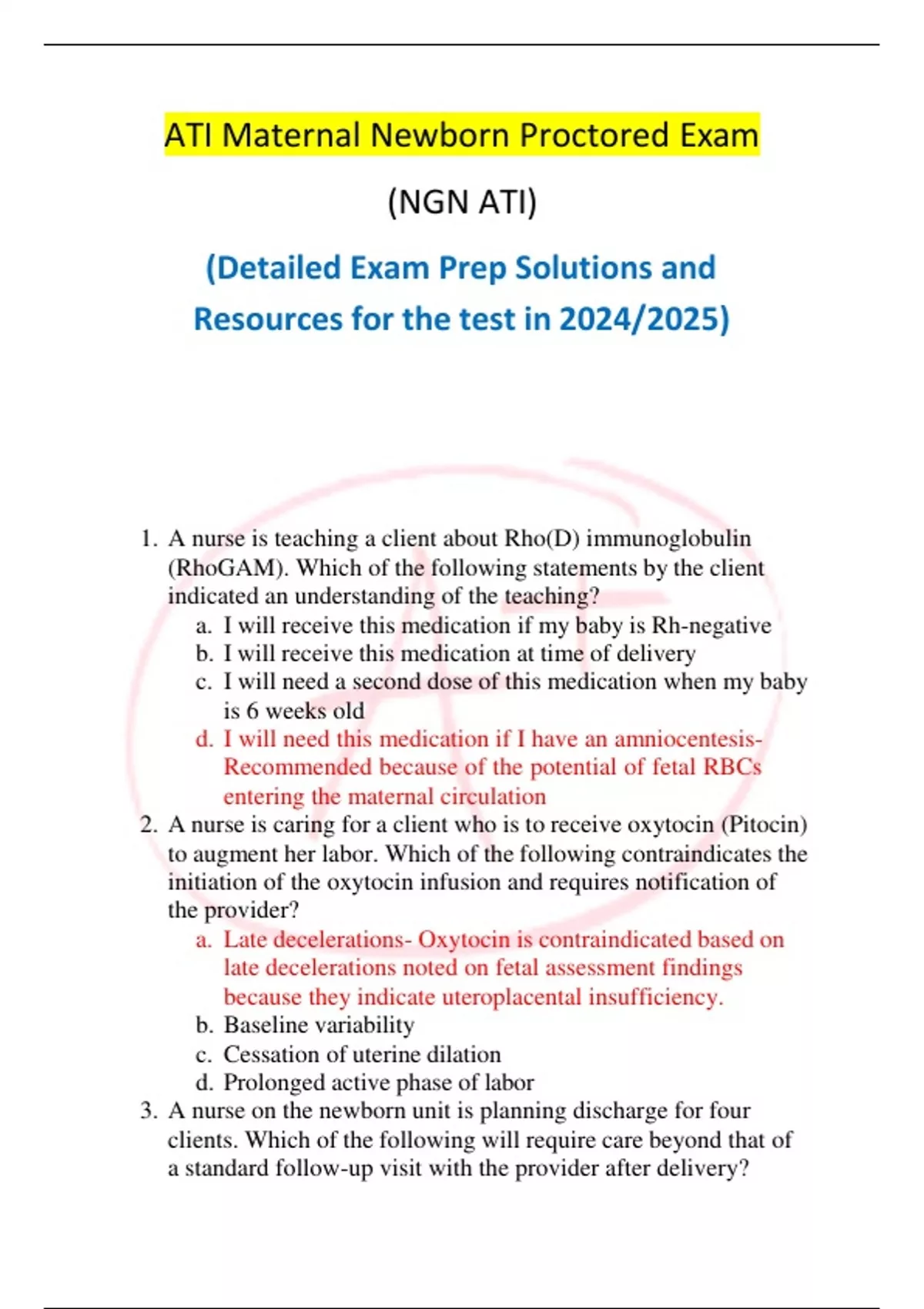 ATI Maternal Newborn Proctored Exam (NGN ATI) (Detailed Exam Prep ...
