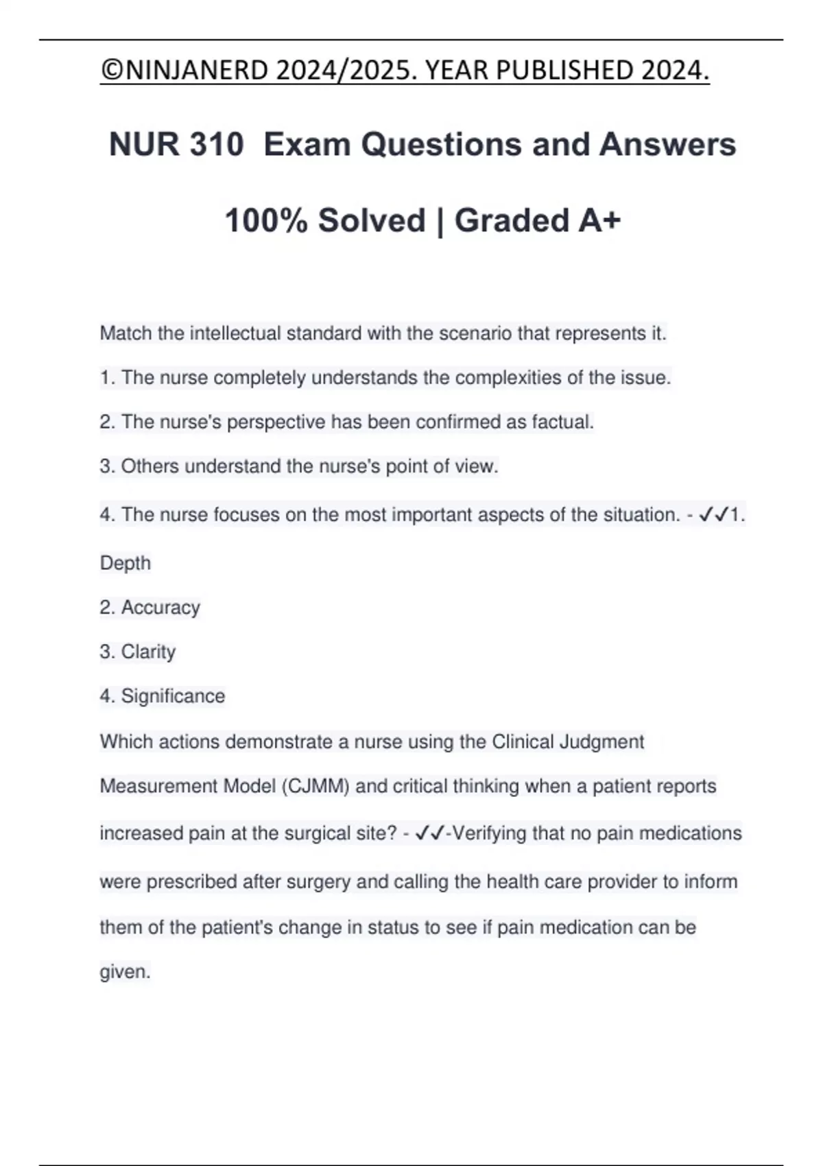 NUR 310 Exam PACKAGE DEAL QUESTIONS WITH 100% CORRRECT ANSWERS | LATEST ...
