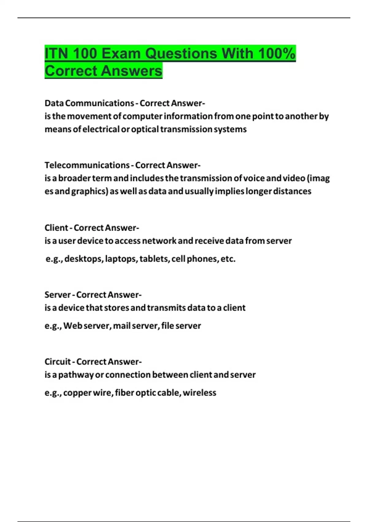 ITN 100 Exam Questions With 100% Correct Answers 2024 - ITN 100 - Stuvia US