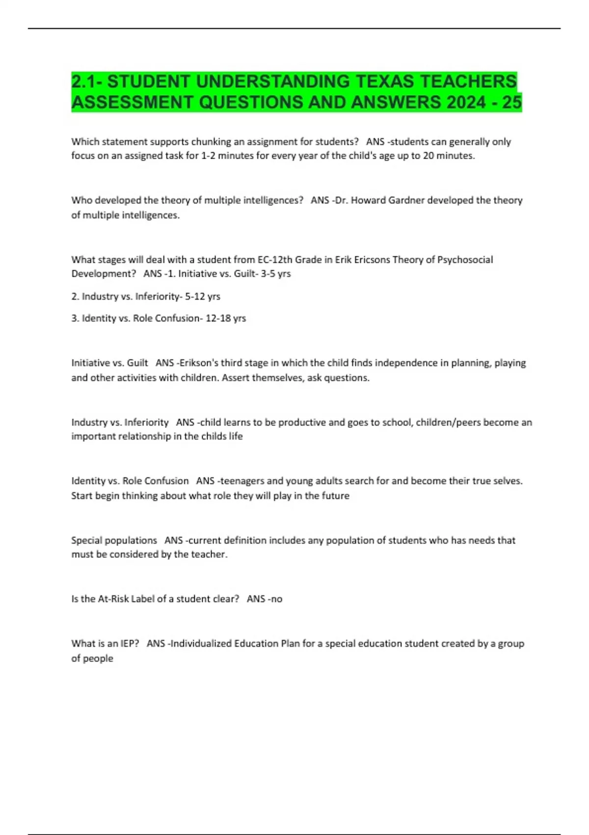 2.1- STUDENT UNDERSTANDING TEXAS TEACHERS ASSESSMENT QUESTIONS AND ...