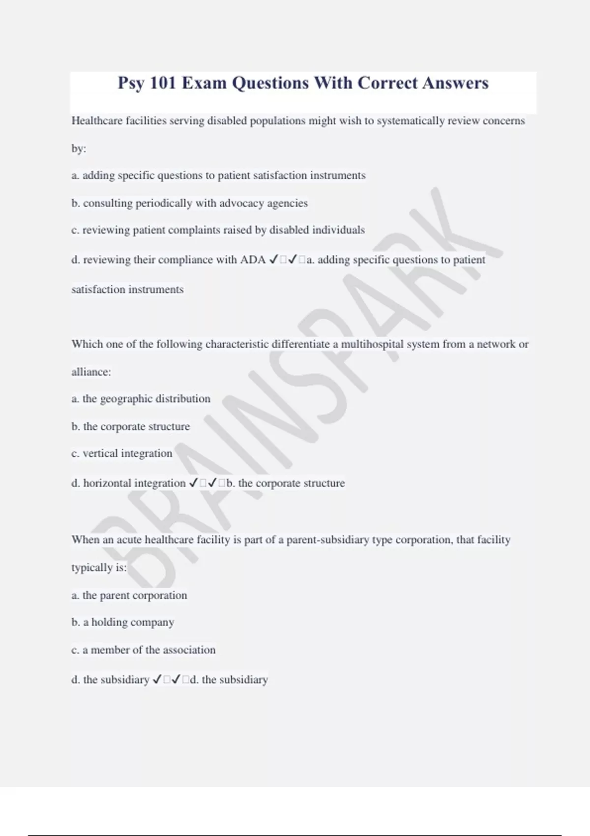 Psy 101 Exam Questions With Correct Answers - Psy 101 - Stuvia US