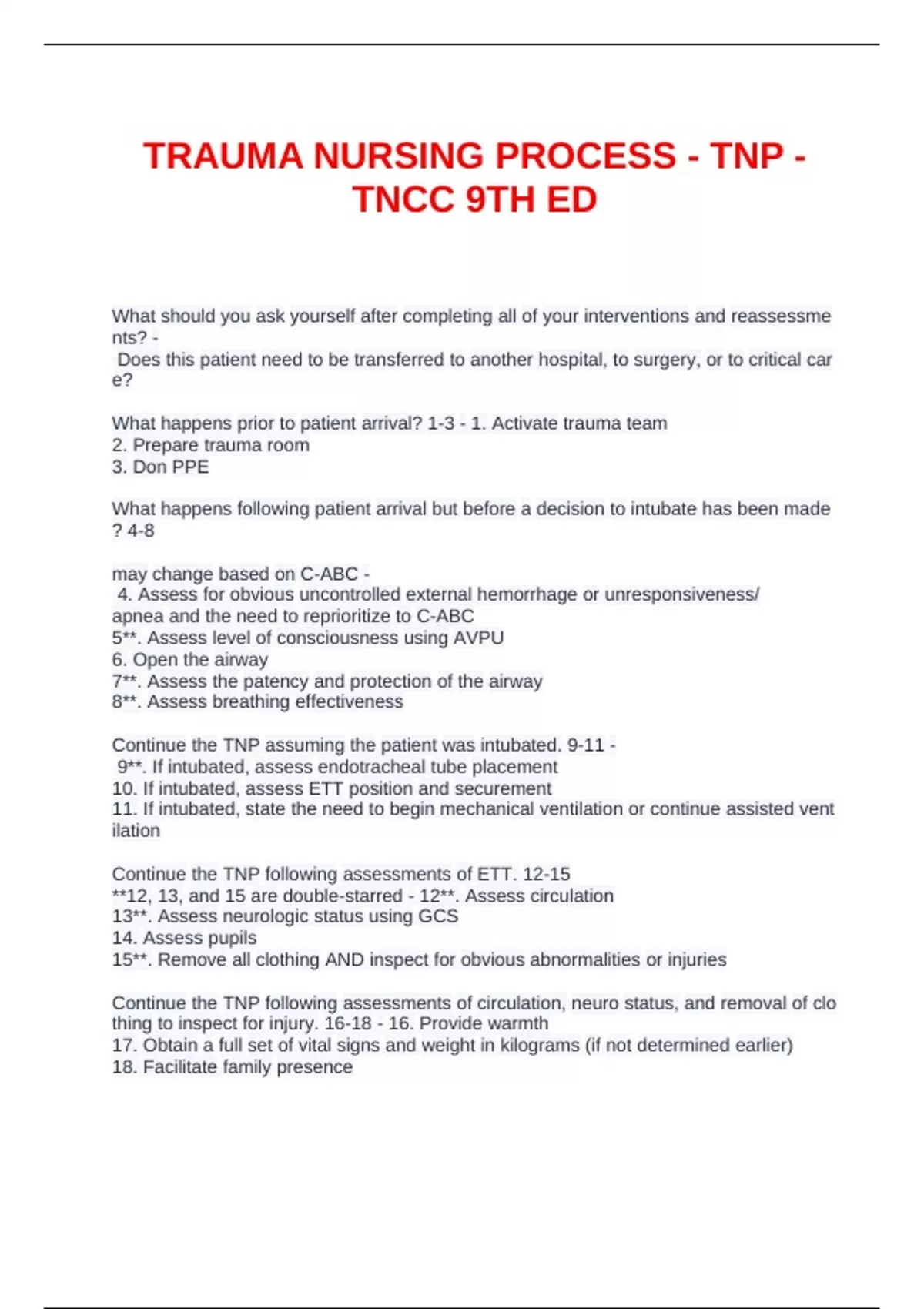 TRAUMA NURSING PROCESS - TNP - TNCC 9TH ED - TNCC - Stuvia US