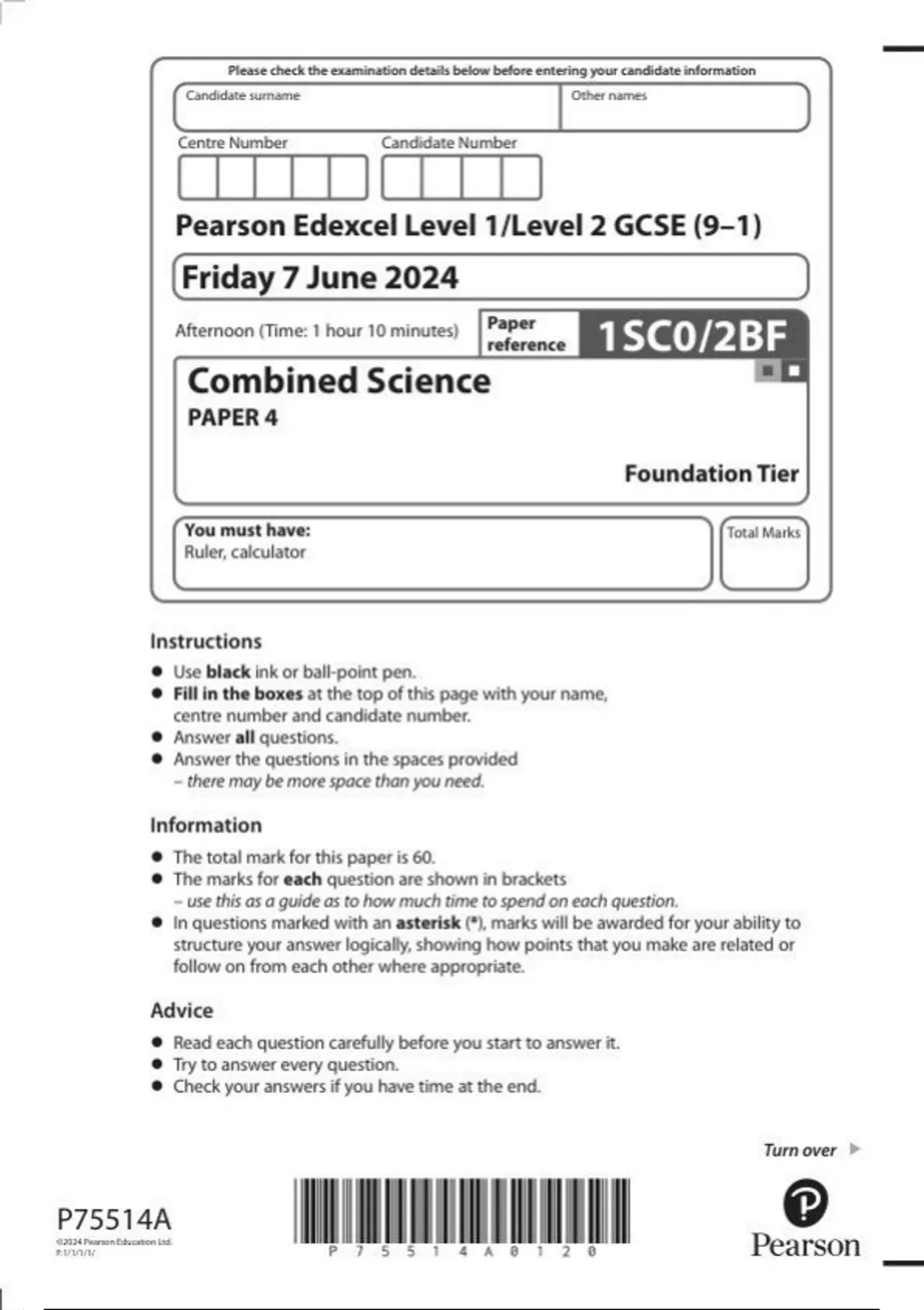 Pearson Edexcel Level 1/Level 2 GCSE (9–1) Combined Science PAPER 4 ...
