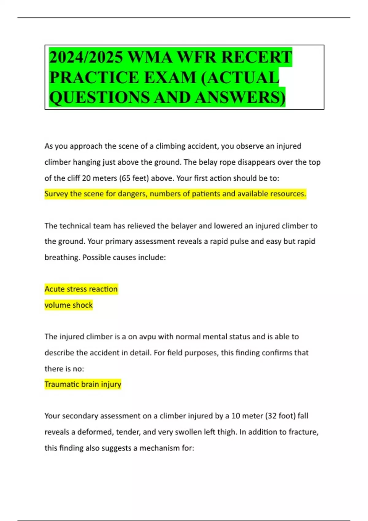 2024/2025 WMA WFR RECERT PRACTICE EXAM (ACTUAL QUESTIONS AND ANSWERS) - WMA WFR RECERT - Stuvia US