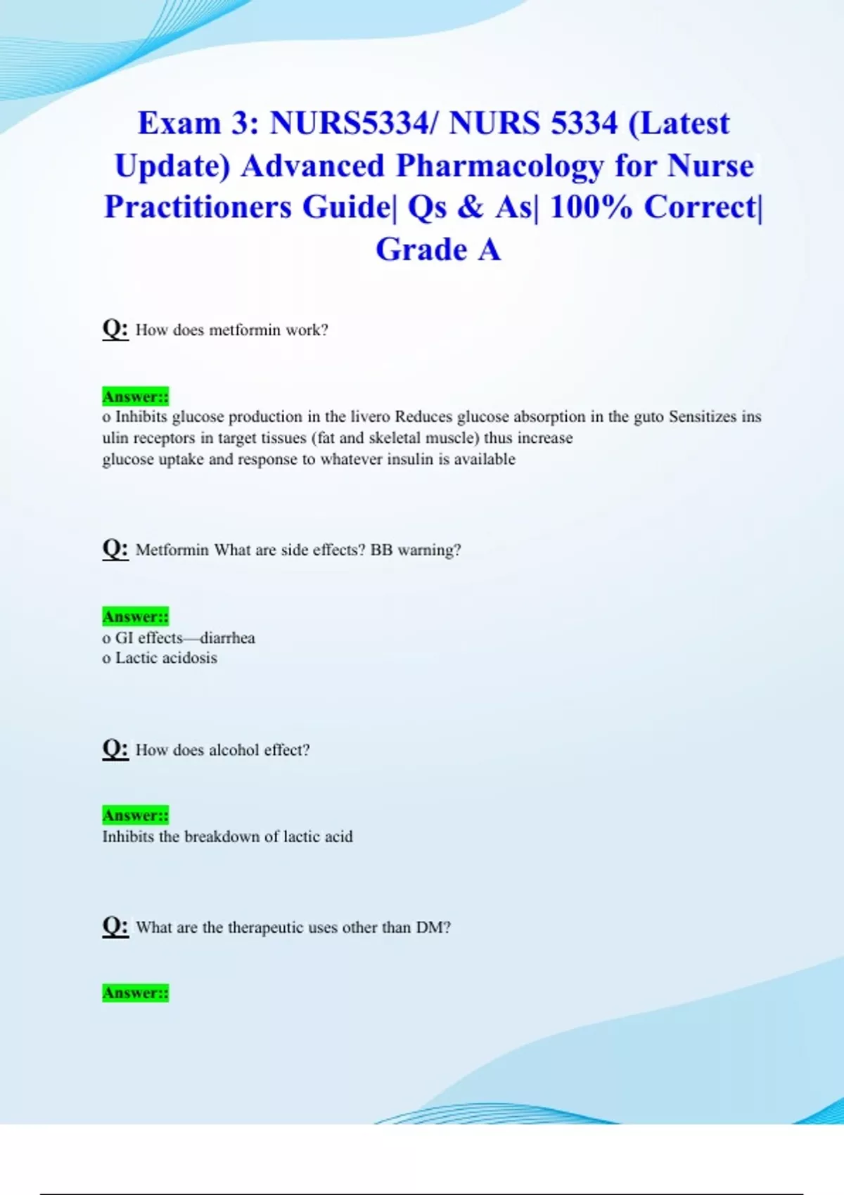 Exam 3: NURS5334/ NURS 5334 (Latest 2024/ 2025 Update) Advanced ...