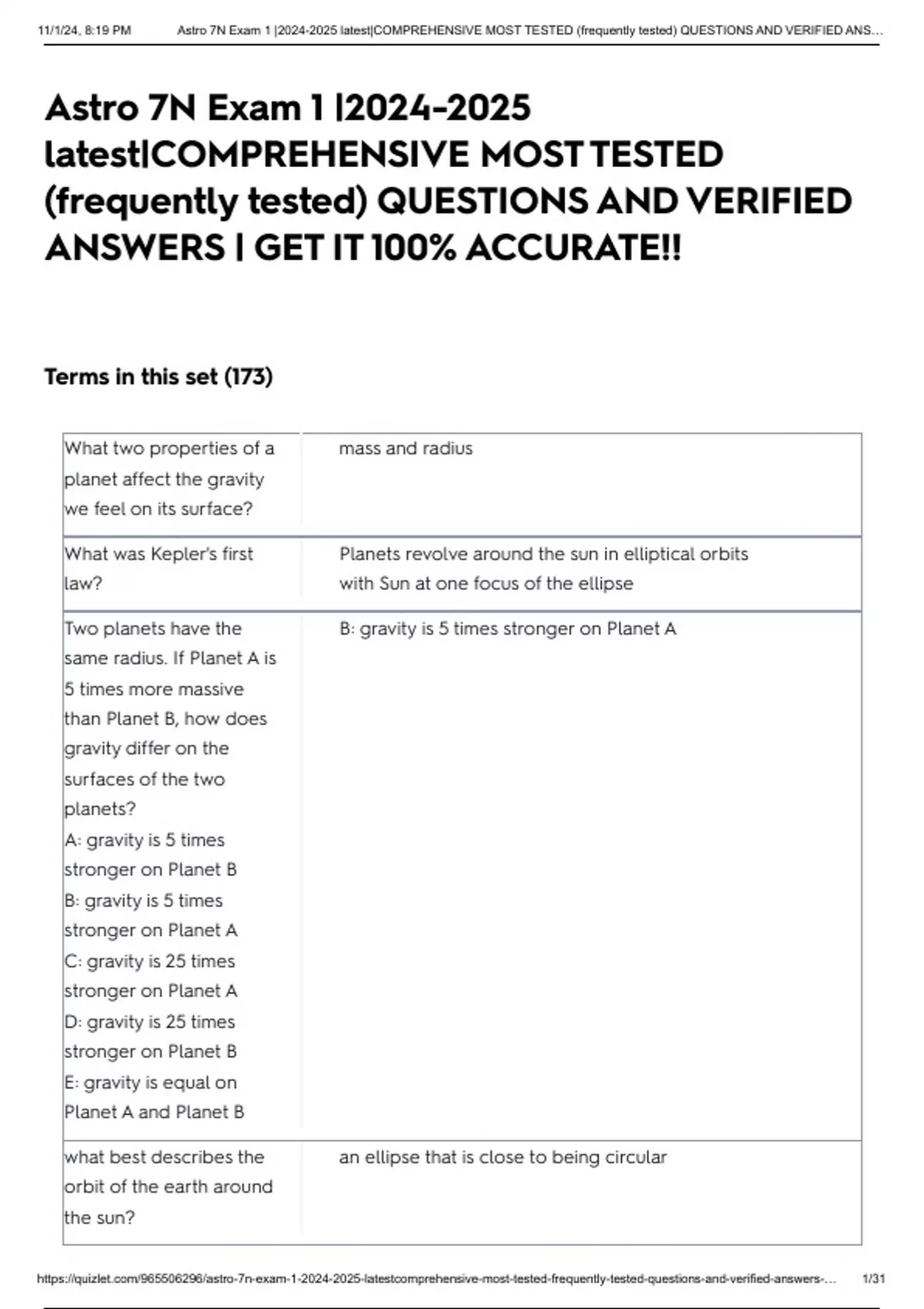 Astro 7N Exam 1 | latest|COMPREHENSIVE MOST TESTED (frequently tested ...