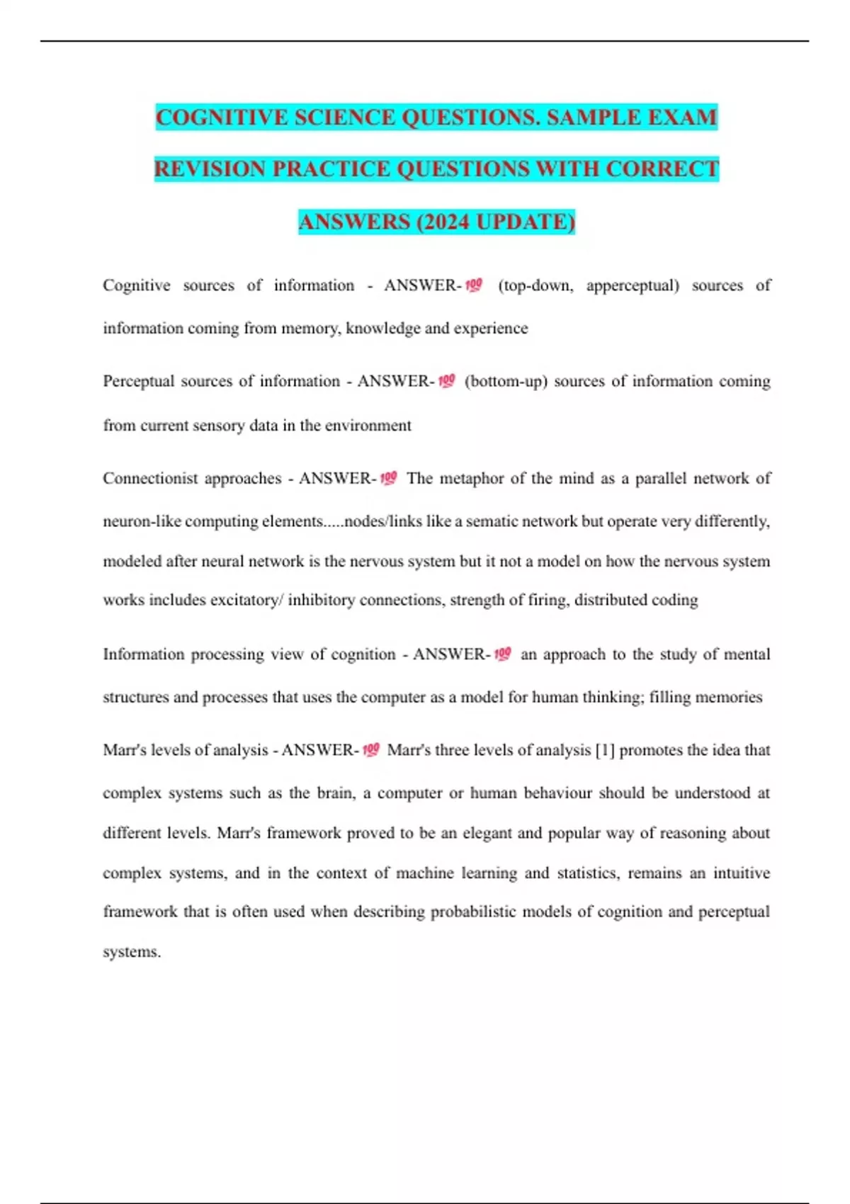 COGNITIVE SCIENCE QUESTIONS. SAMPLE EXAM REVISION PRACTICE QUESTIONS WITH CORRECT ANSWERS (2024 ...