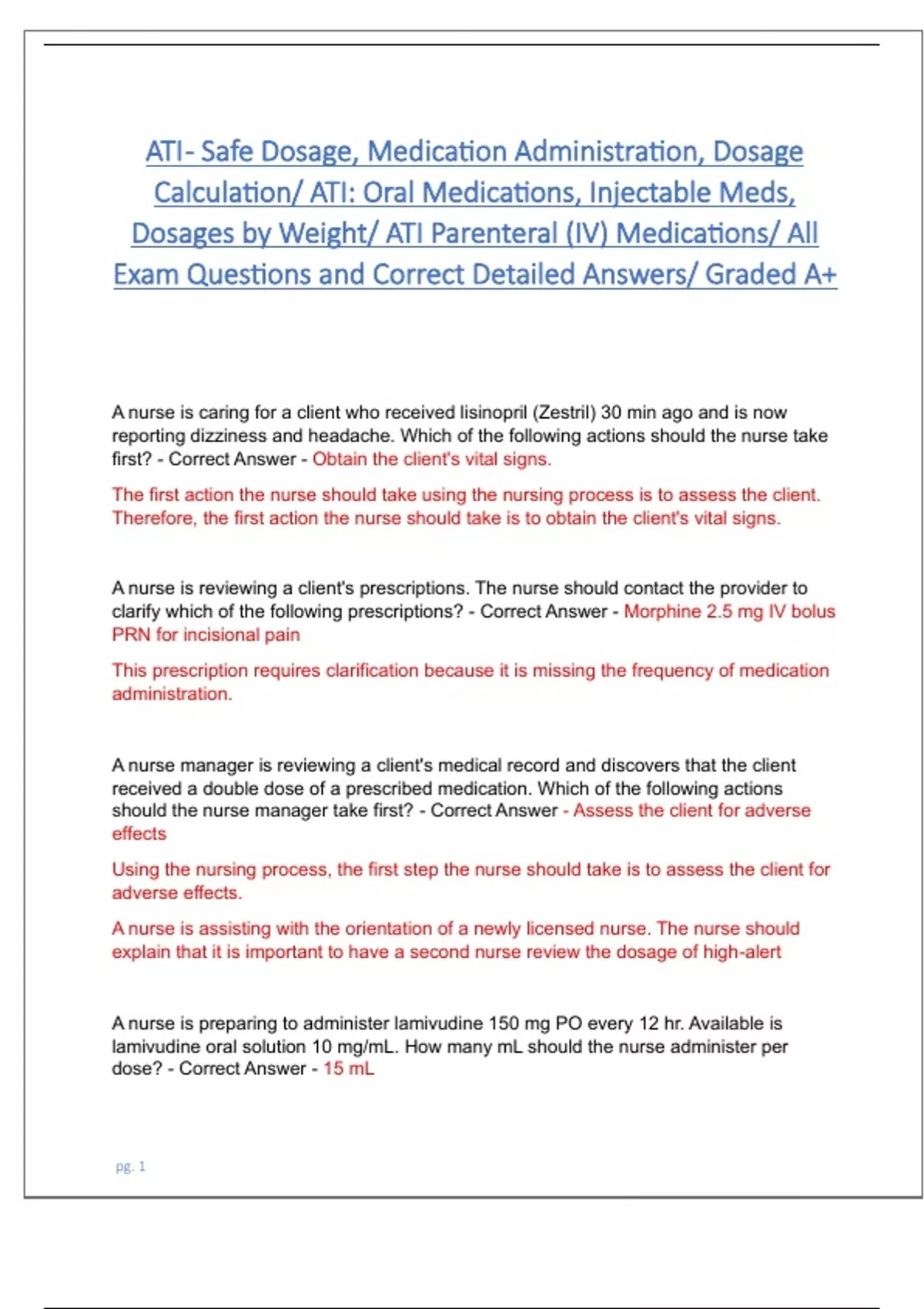 ATI - Safe Dosage, Medication Administration, Dosage Calculation/ ATI ...
