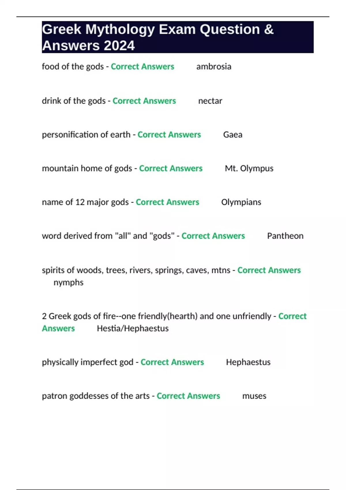 Greek Mythology Exam Question & Answers 2024 - Greek Mythology Exa ...