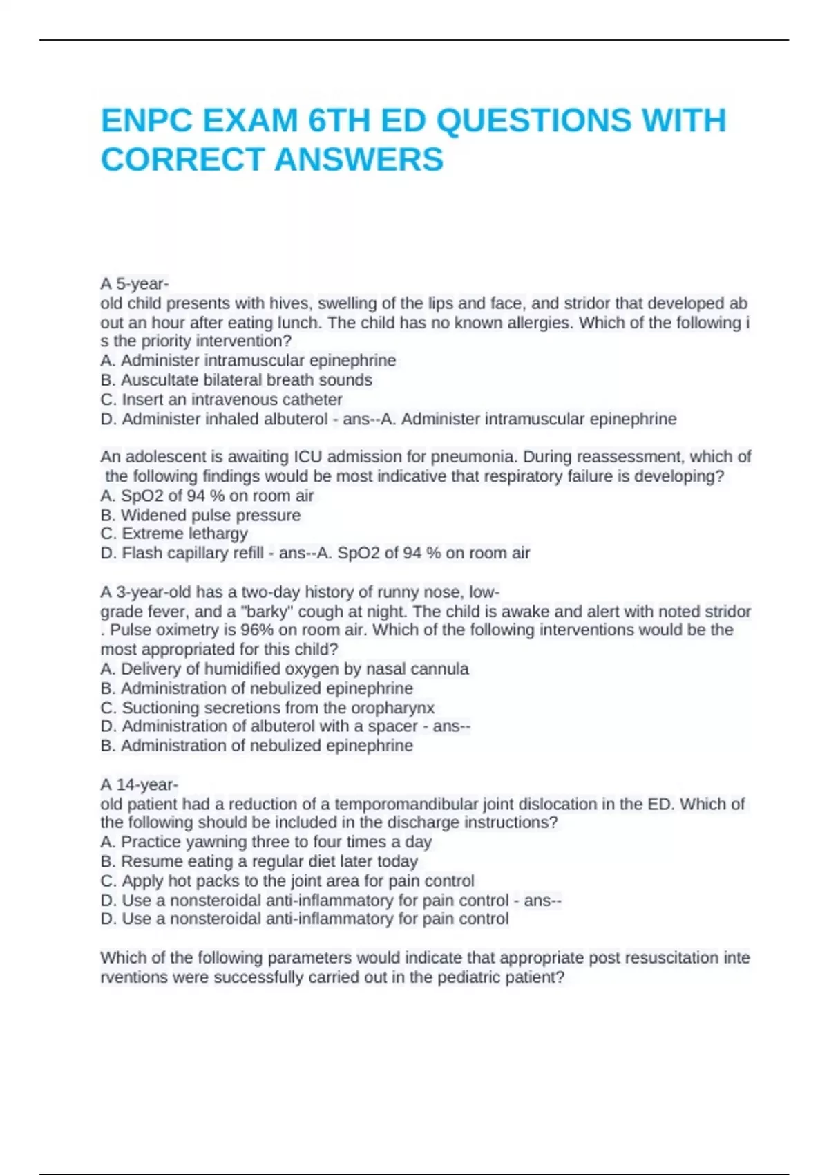 ENPC EXAM 6TH ED QUESTIONS WITH CORRECT ANSWERS - ENPC - Stuvia US