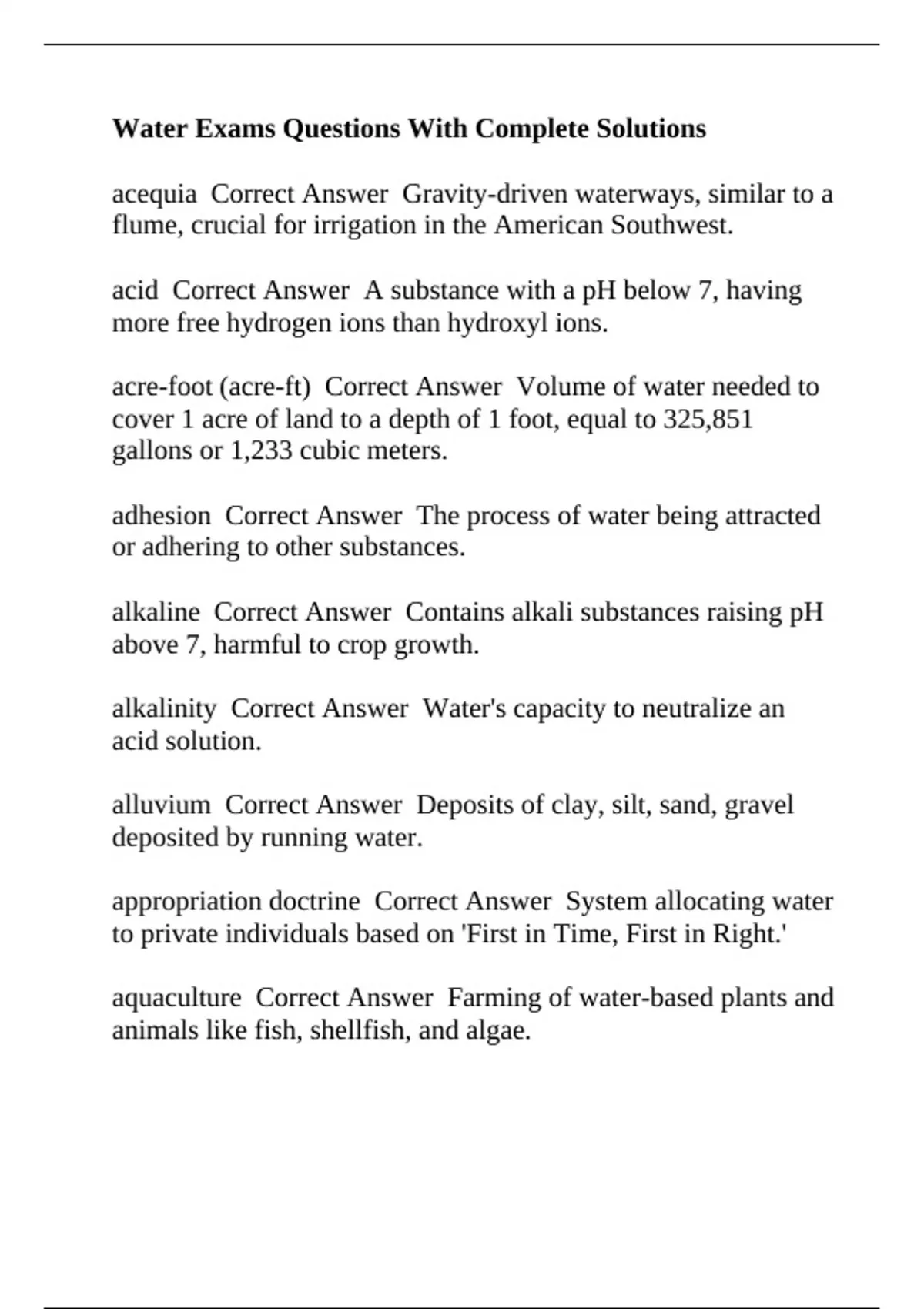 Water Exams Questions With Complete Solutions - Water - Stuvia US