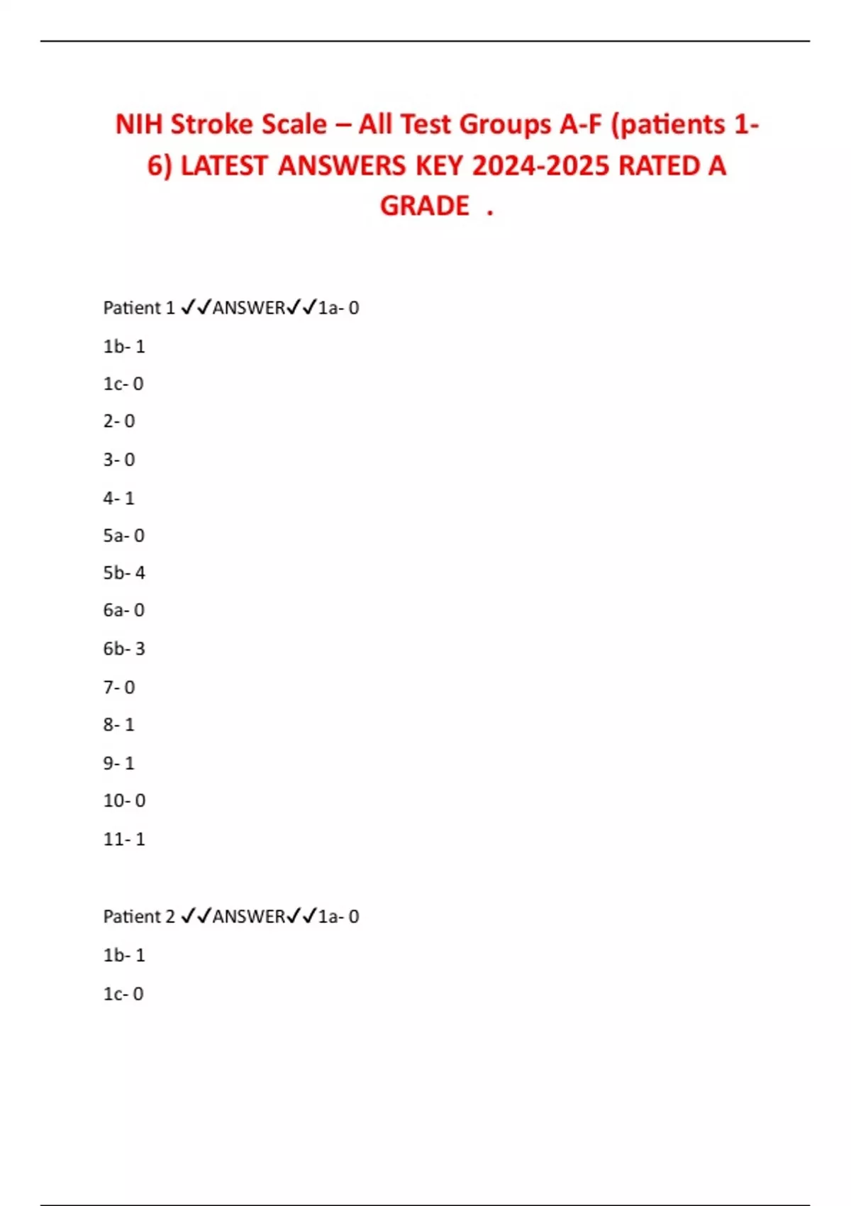 NIH Stroke Scale – All Test Groups A-F (patients 1-6) LATEST ANSWERS ...