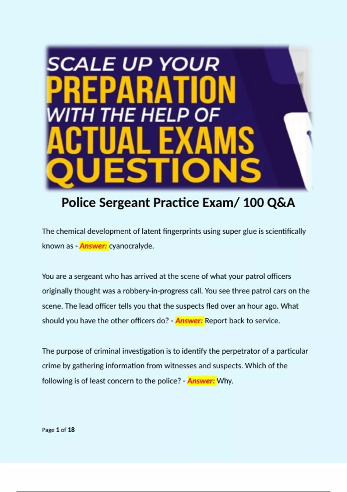 Police Sergeant Practice Exam/ 100 Q&A - Police Sergeant - Stuvia US