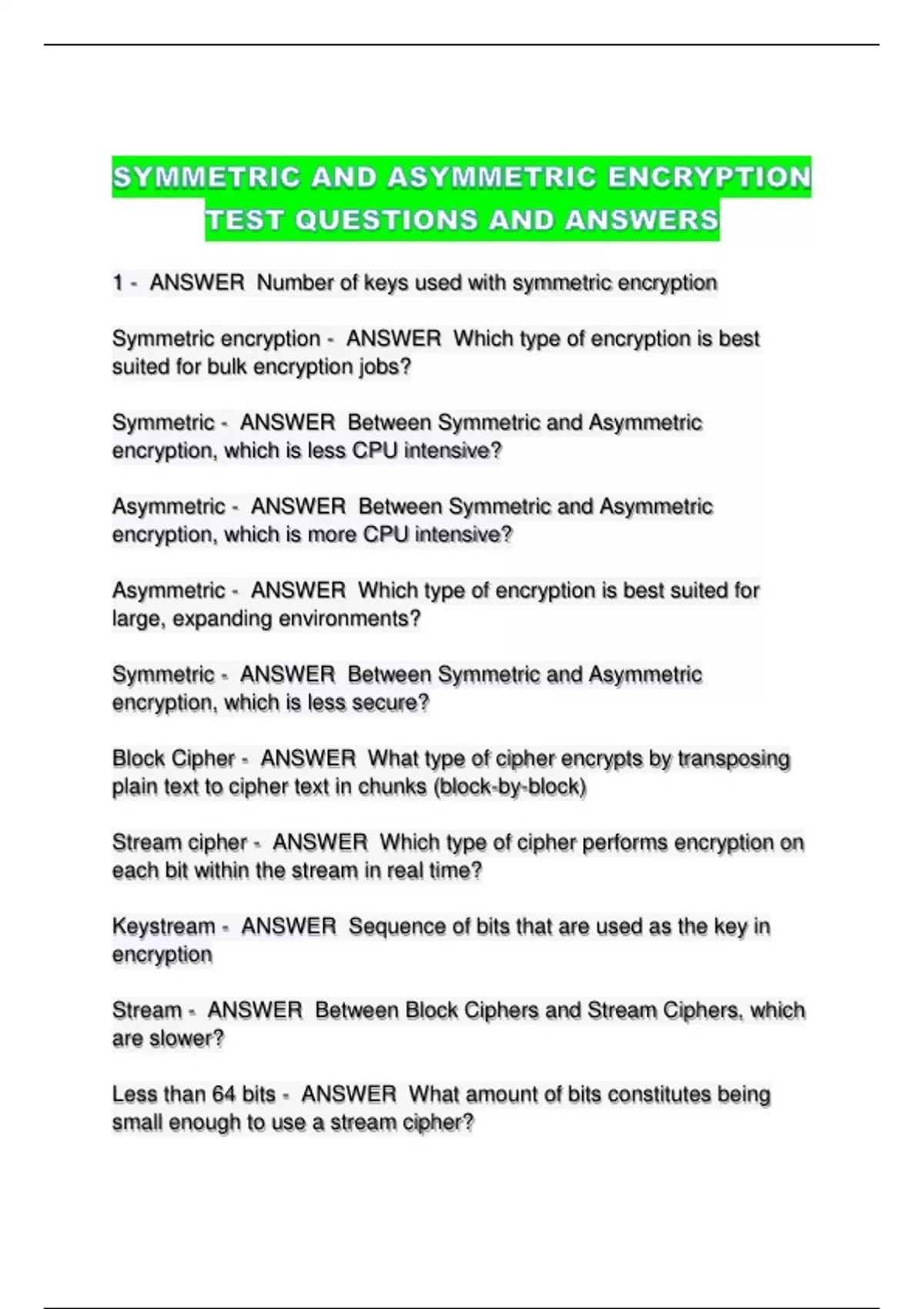 SYMMETRIC AND ASYMMETRIC ENCRYPTION TEST QUESTIONS AND ANSWERS ...