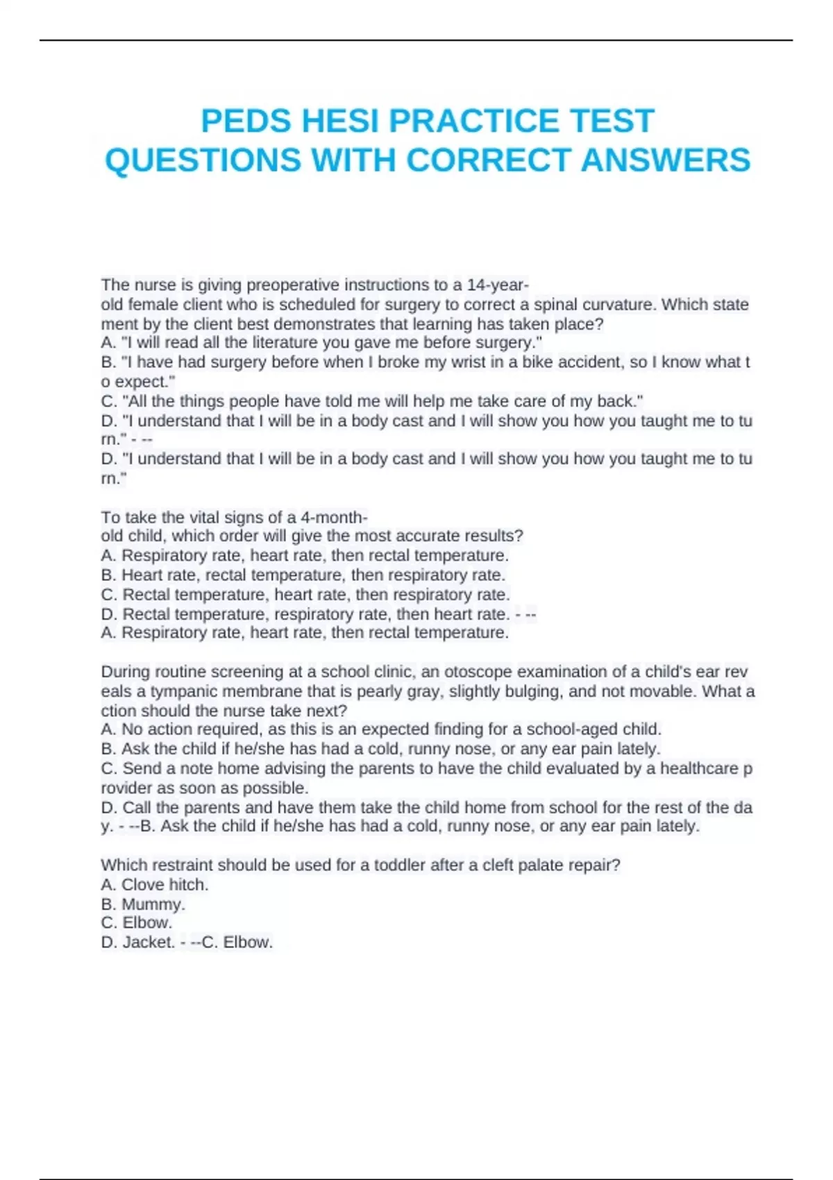 PEDS HESI PRACTICE QUESTIONS - PEDIATRICS HESI - Stuvia US
