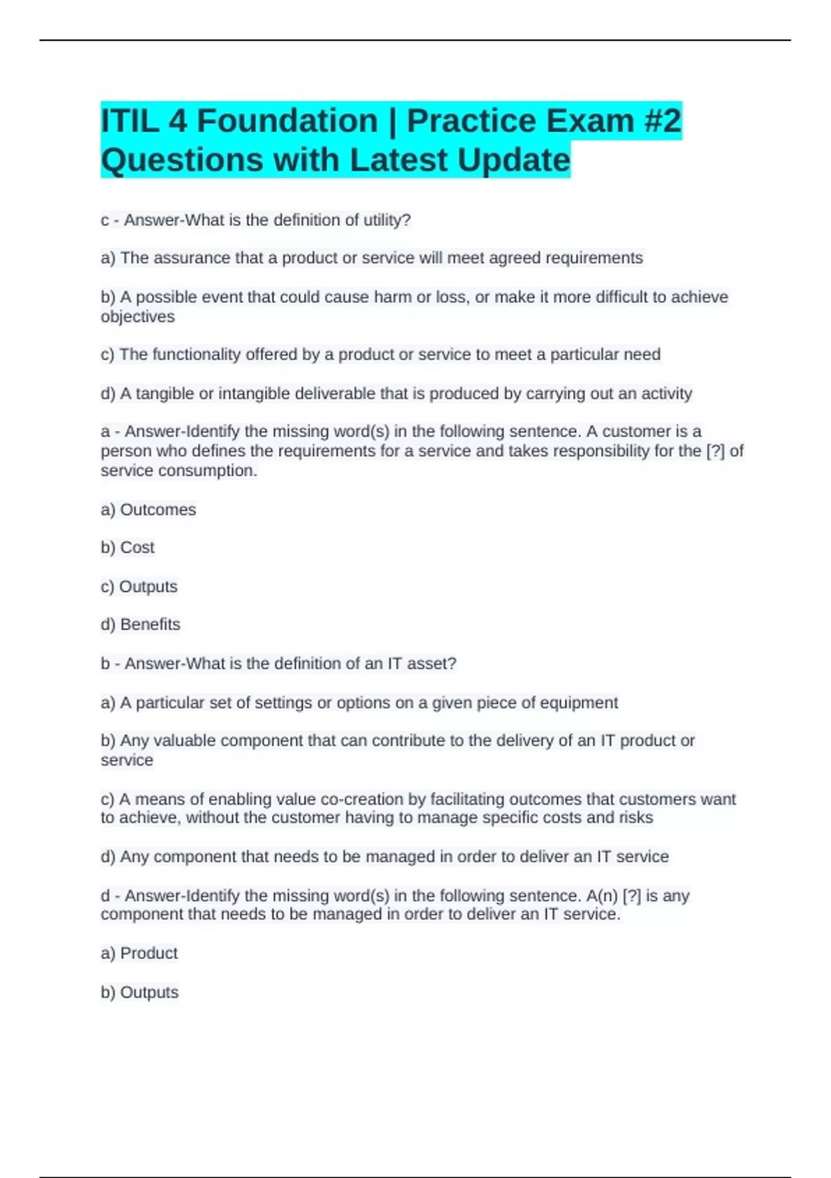 ITIL 4 Foundation | Practice Exam #2 Questions with Latest Update ...