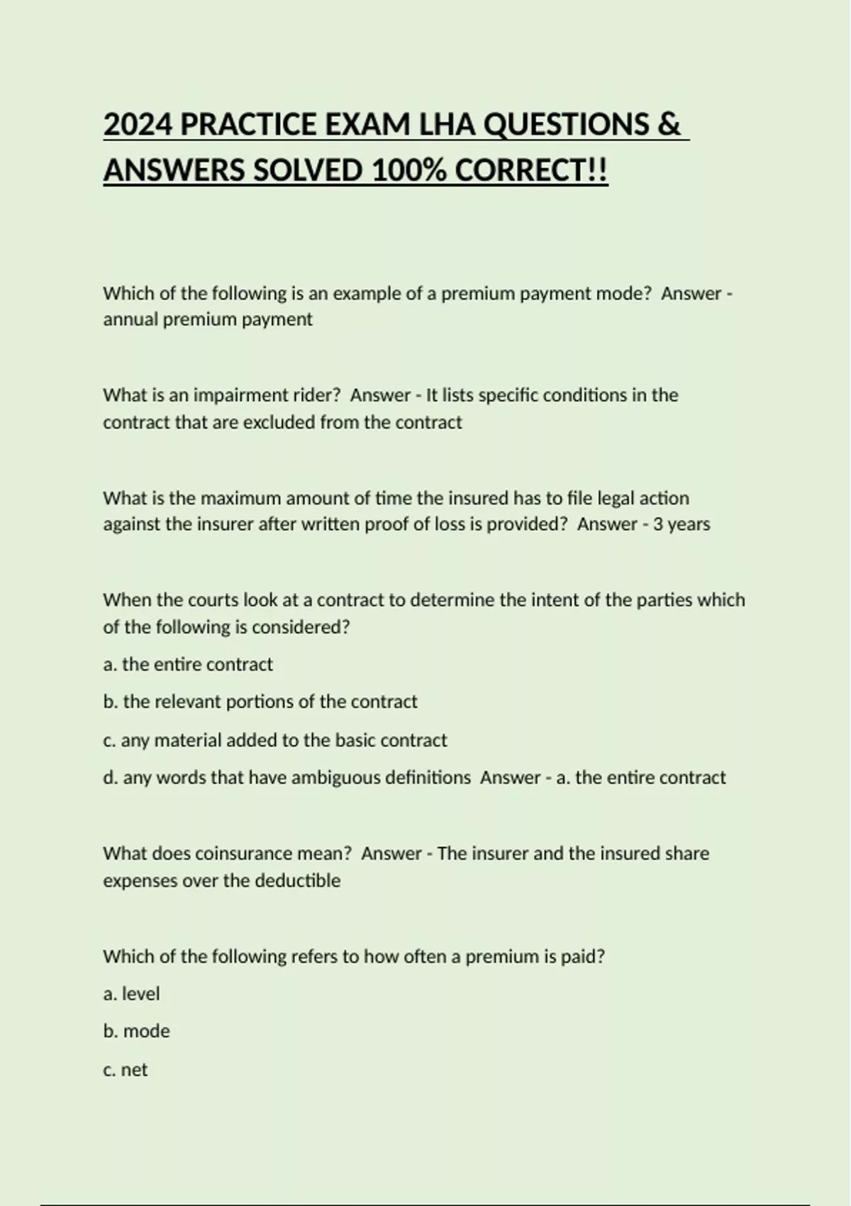 2024 PRACTICE EXAM LHA QUESTIONS & ANSWERS SOLVED 100% CORRECT!! - LHA - Stuvia US