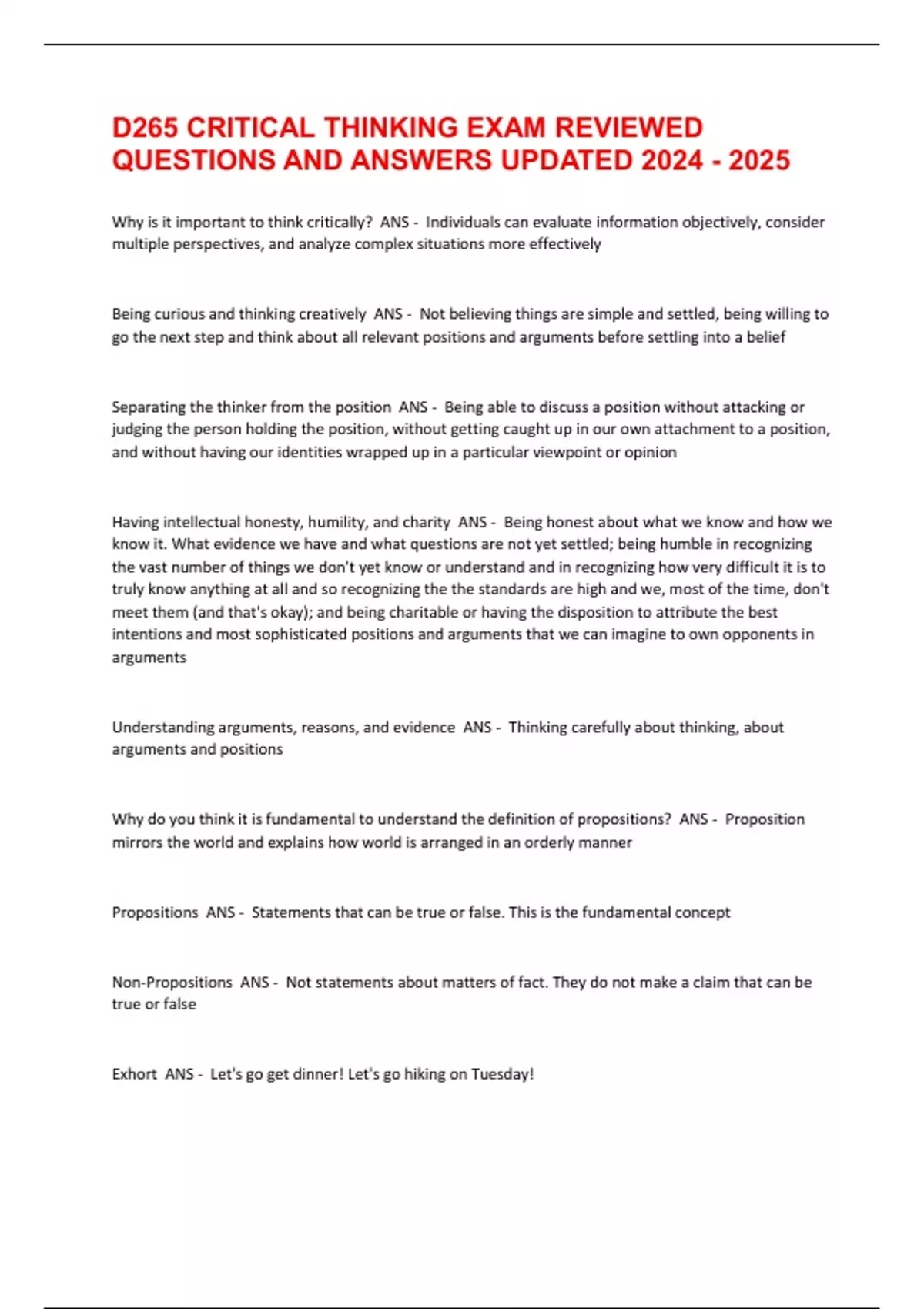 D265 CRITICAL THINKING EXAM REVIEWED QUESTIONS AND ANSWERS UPDATED ...